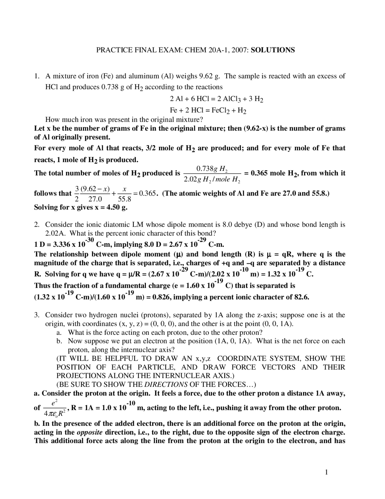 Final Exam with Solutions - Chemical Structure | CHEM 20A - Docsity