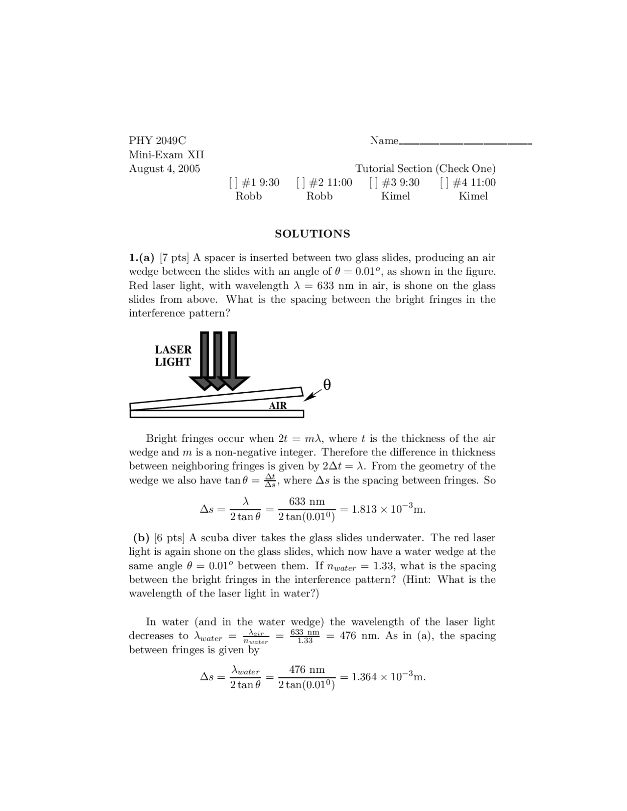 Exam 12 Solutions - General Physics | PHY 2049C - Docsity