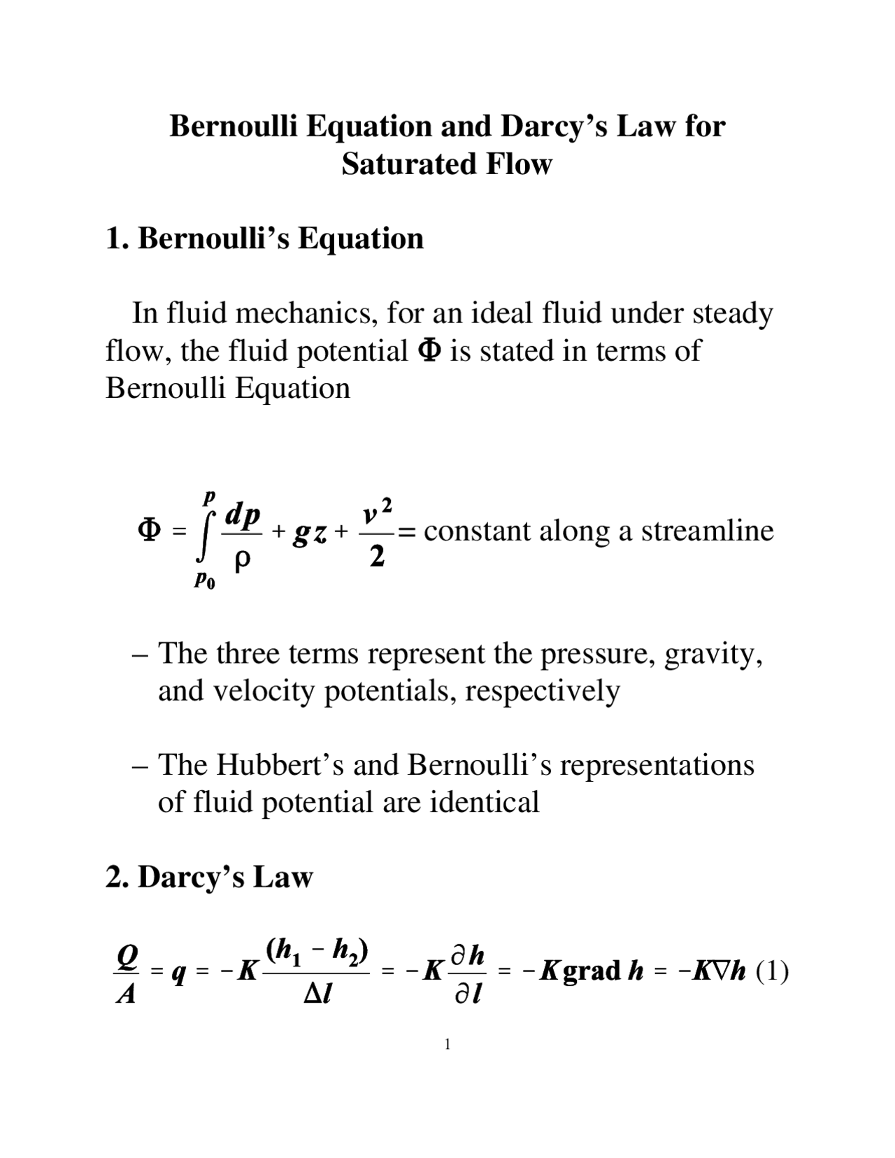 Bernoulli Equation And Darcys Law Lecture Notes Bsyse 595 Docsity