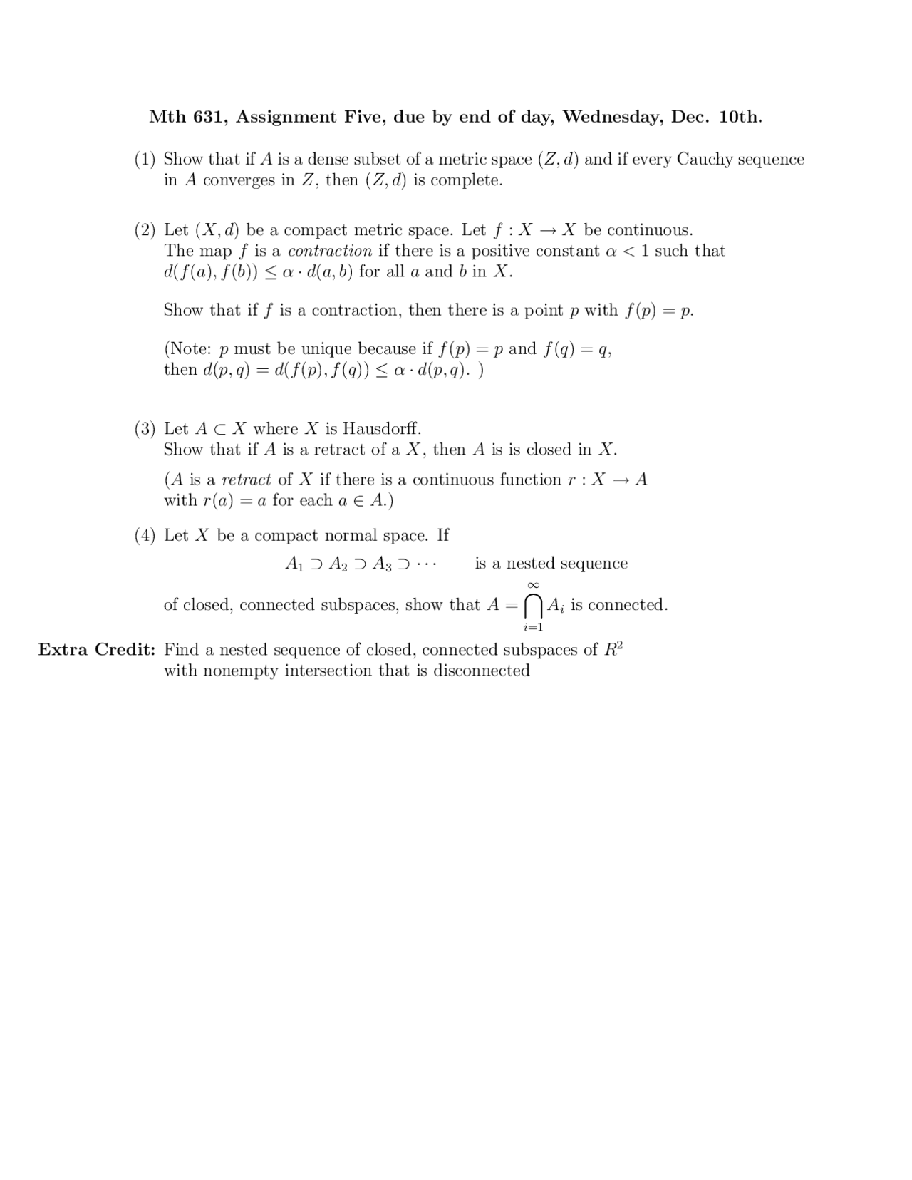 Homework 5 - General Topology and Fundamental Groups | MTH 631 | Assignments Topology | Docsity