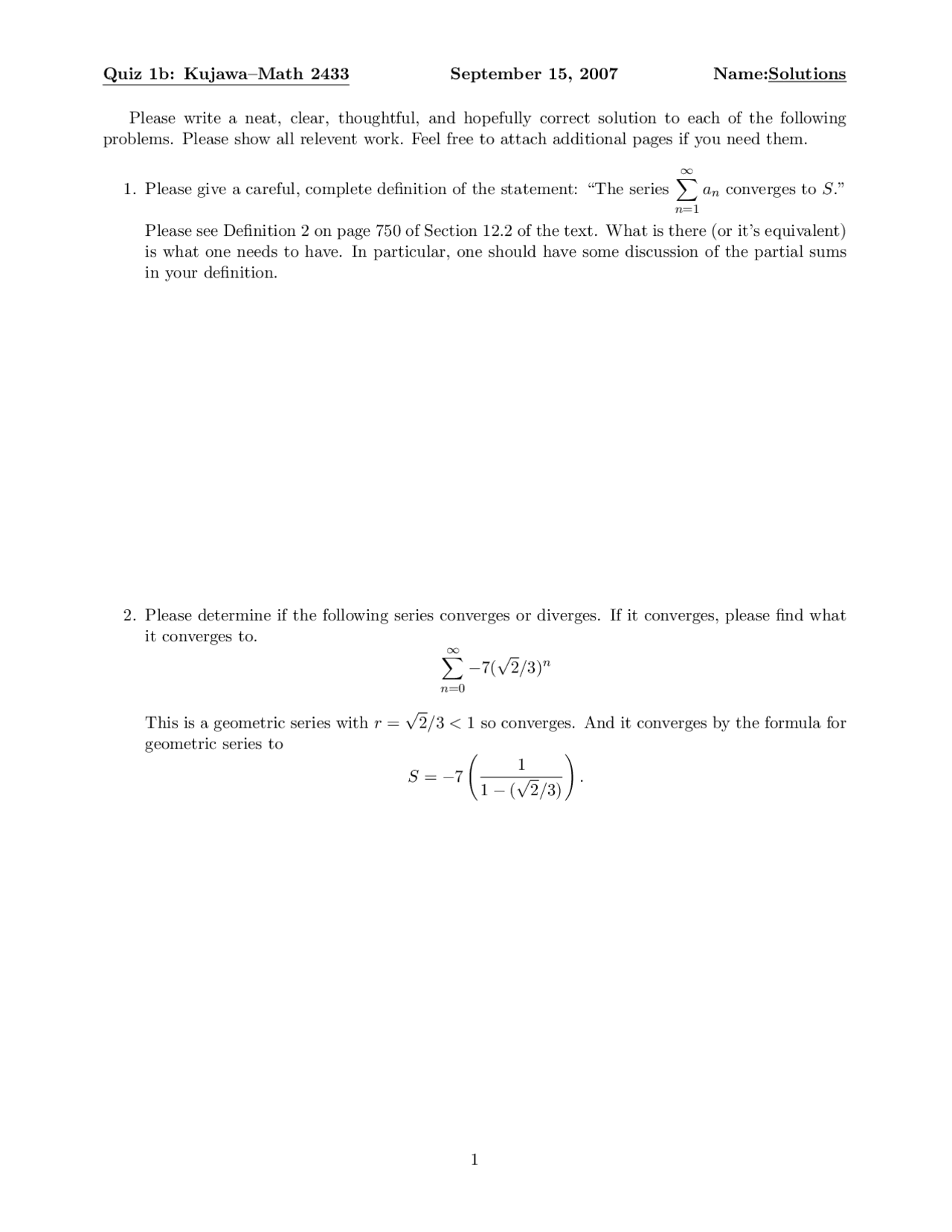 Quiz 1b With Solution Calculus And Analytic Geometry Iii Math 2433 Quizzes Analytical