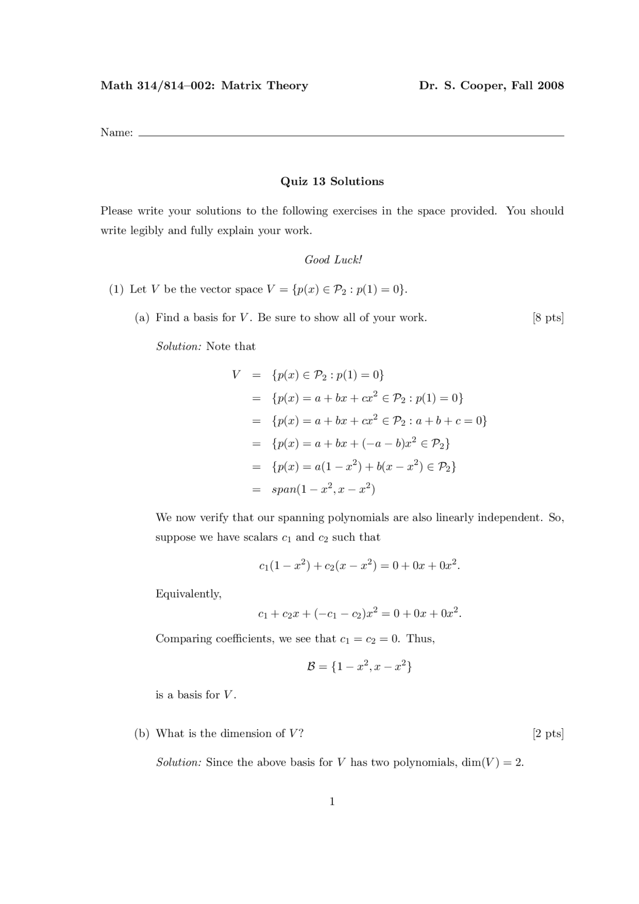 Quiz 13 With Solved Problems Applied Linear Algebra Matrix Theory