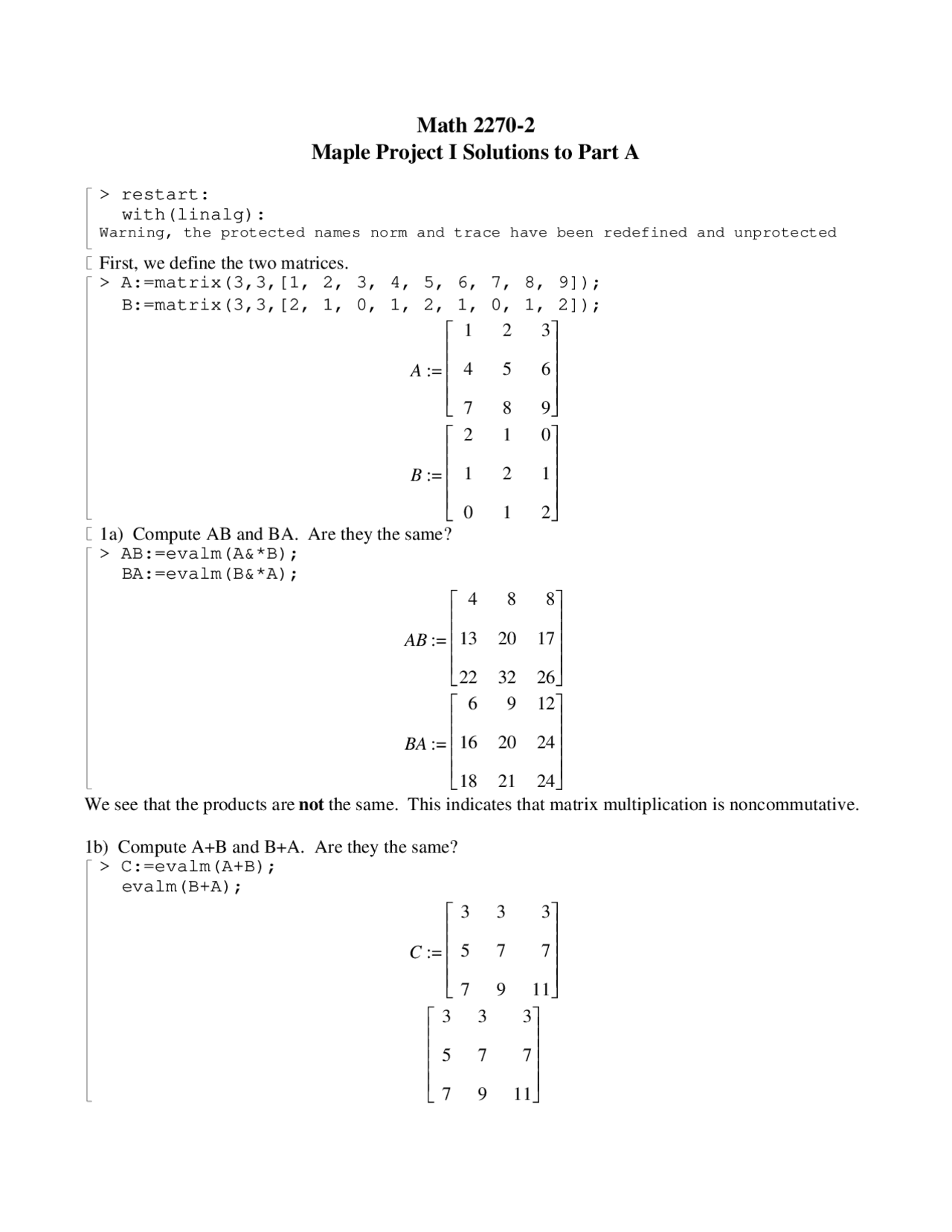 Maple Project 1 Solutions To Part A Linear Algebra Math 2270