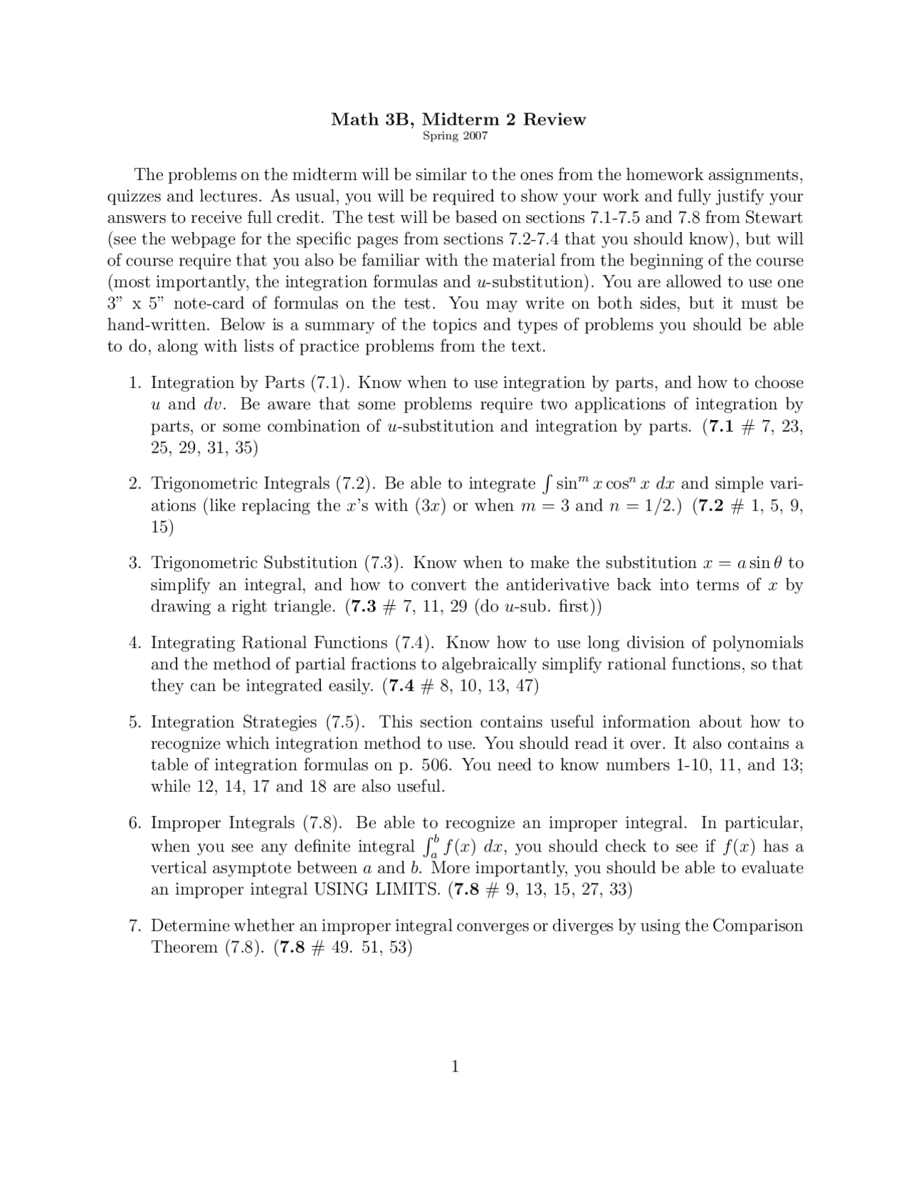 Math 3B Midterm 2 Review: Integration Techniques and Improper Integrals | Exams Spanish Language ...