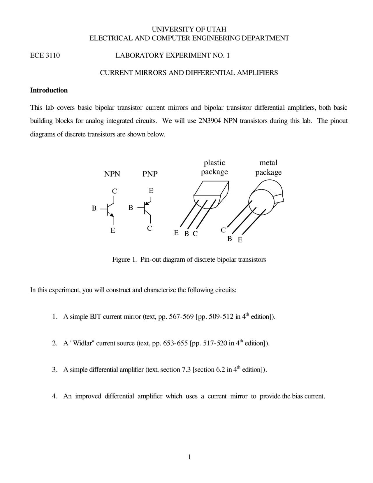 Current Mirrors And Differential Amplifiers Experiment 1 Ece 3110