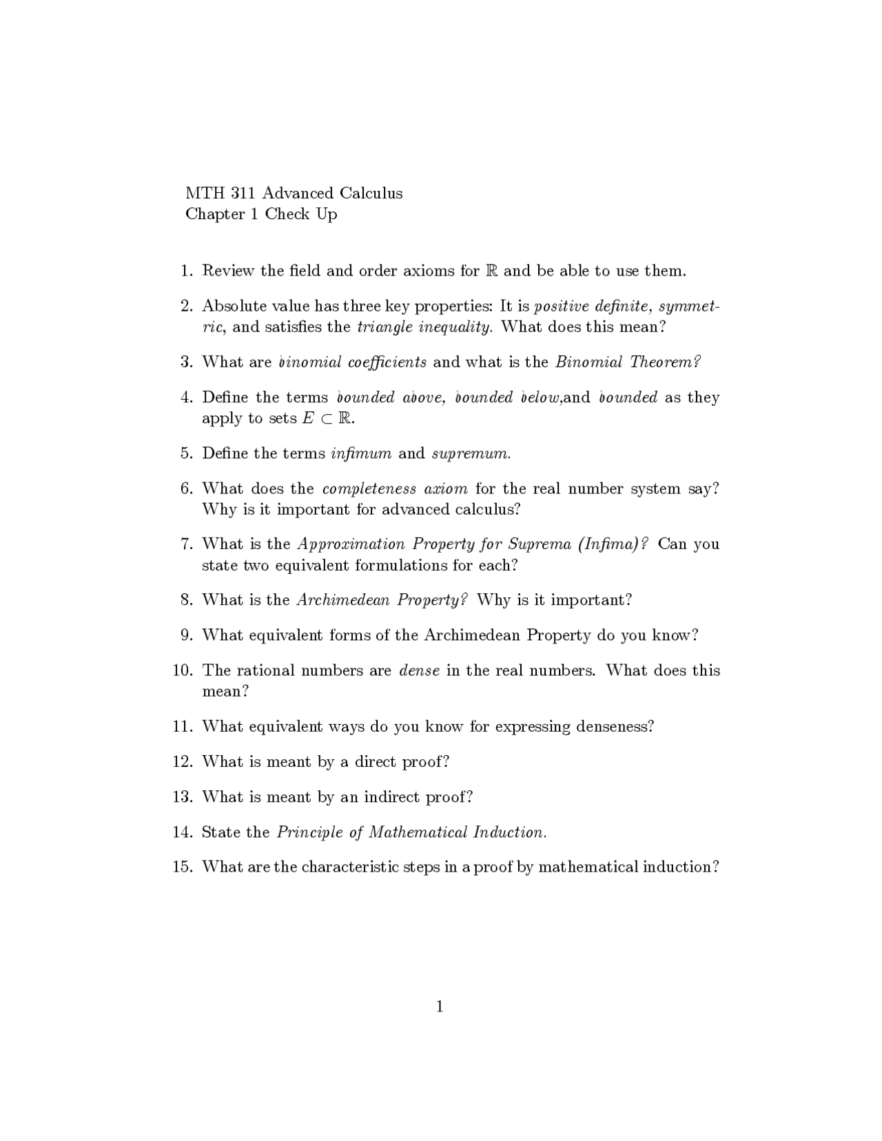 Chapter 1 Review Sheet Advanced Calculus Mth 311 Docsity