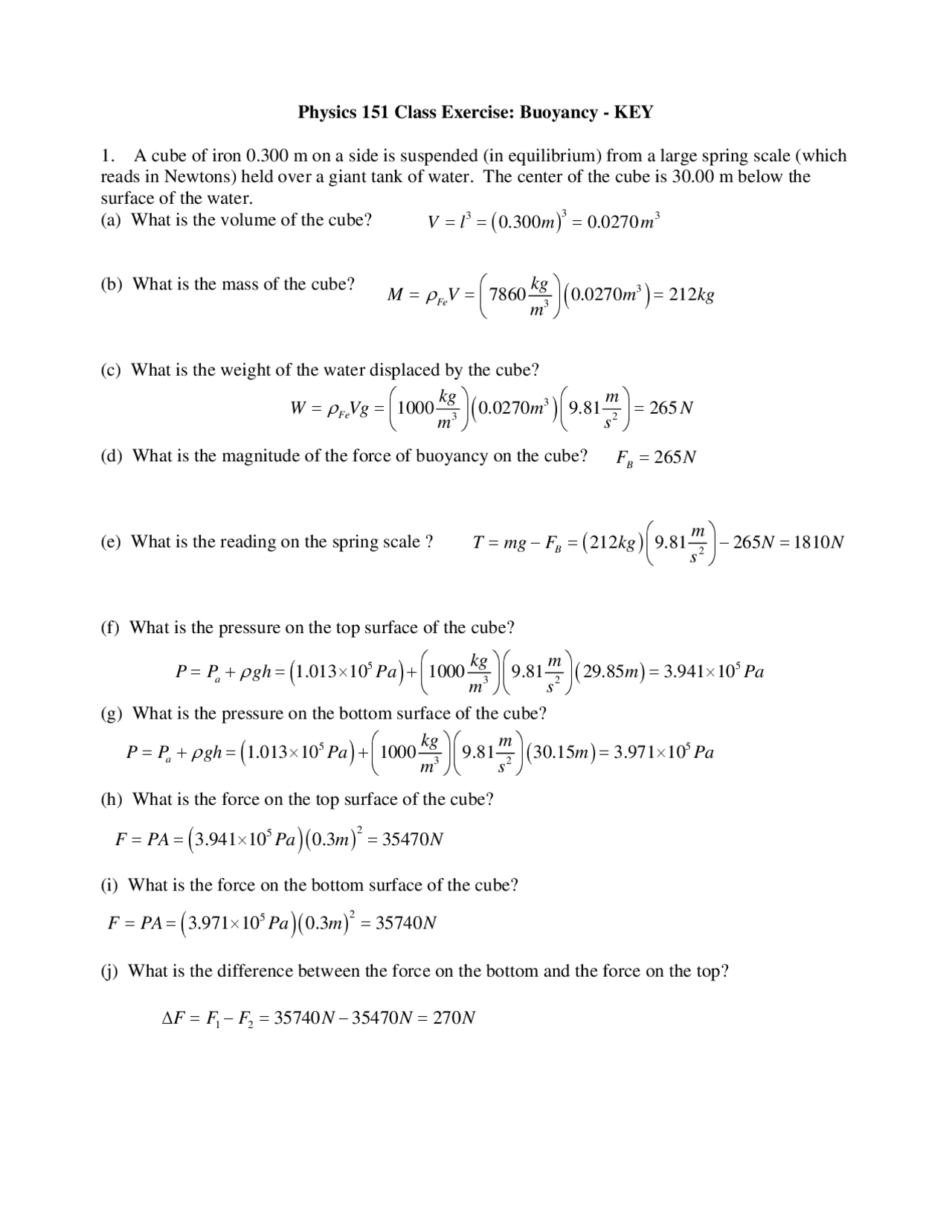 Class Exercise Key On Buoyancy Elements Of Physics Phys 151 Docsity