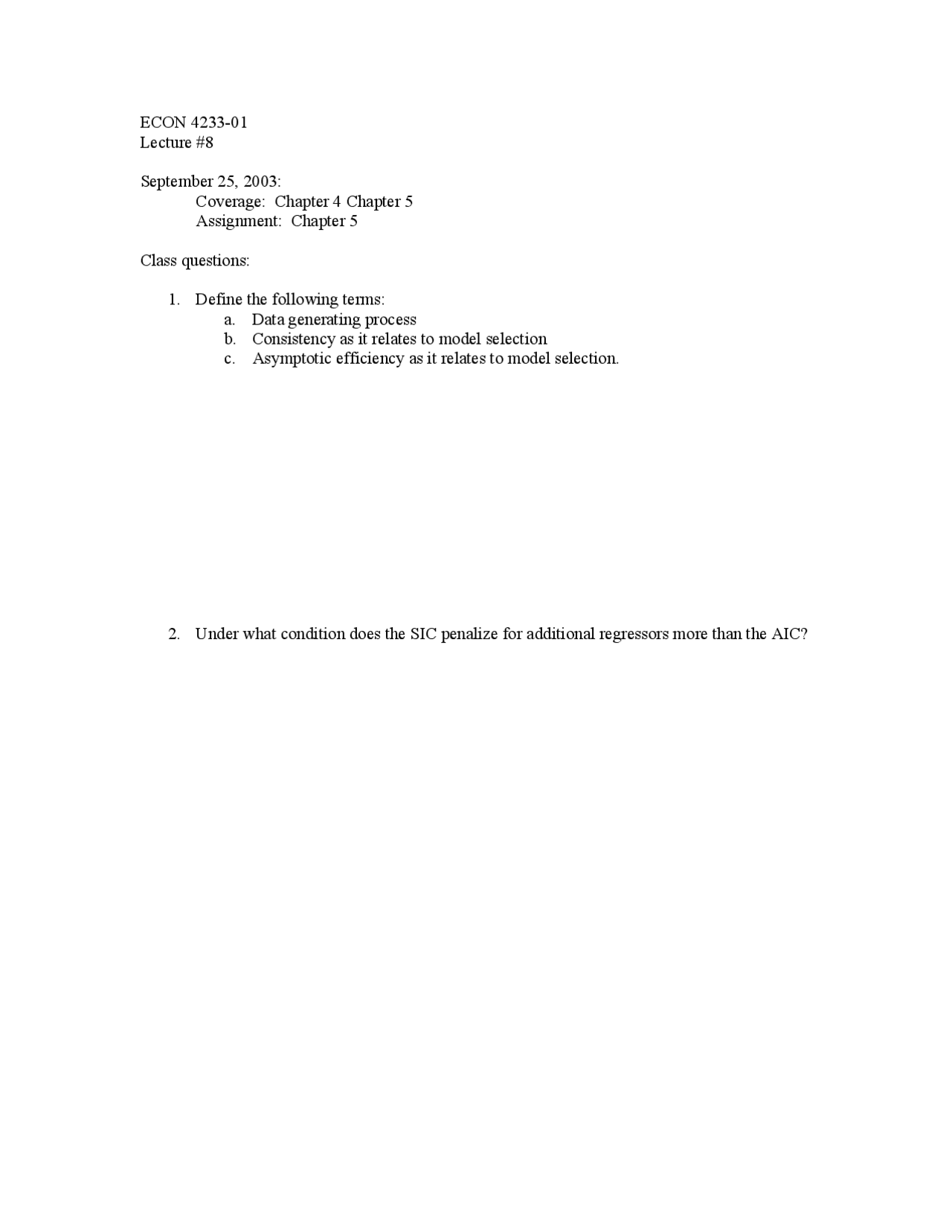 Assignment 5 Questions Introduction To Applied Econometrics Econ