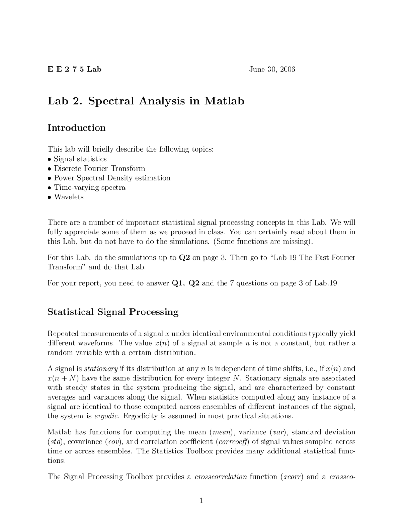 Lab 2 - Spectral Analysis in MATLAB | EE 275 | Lab Reports Digital ...