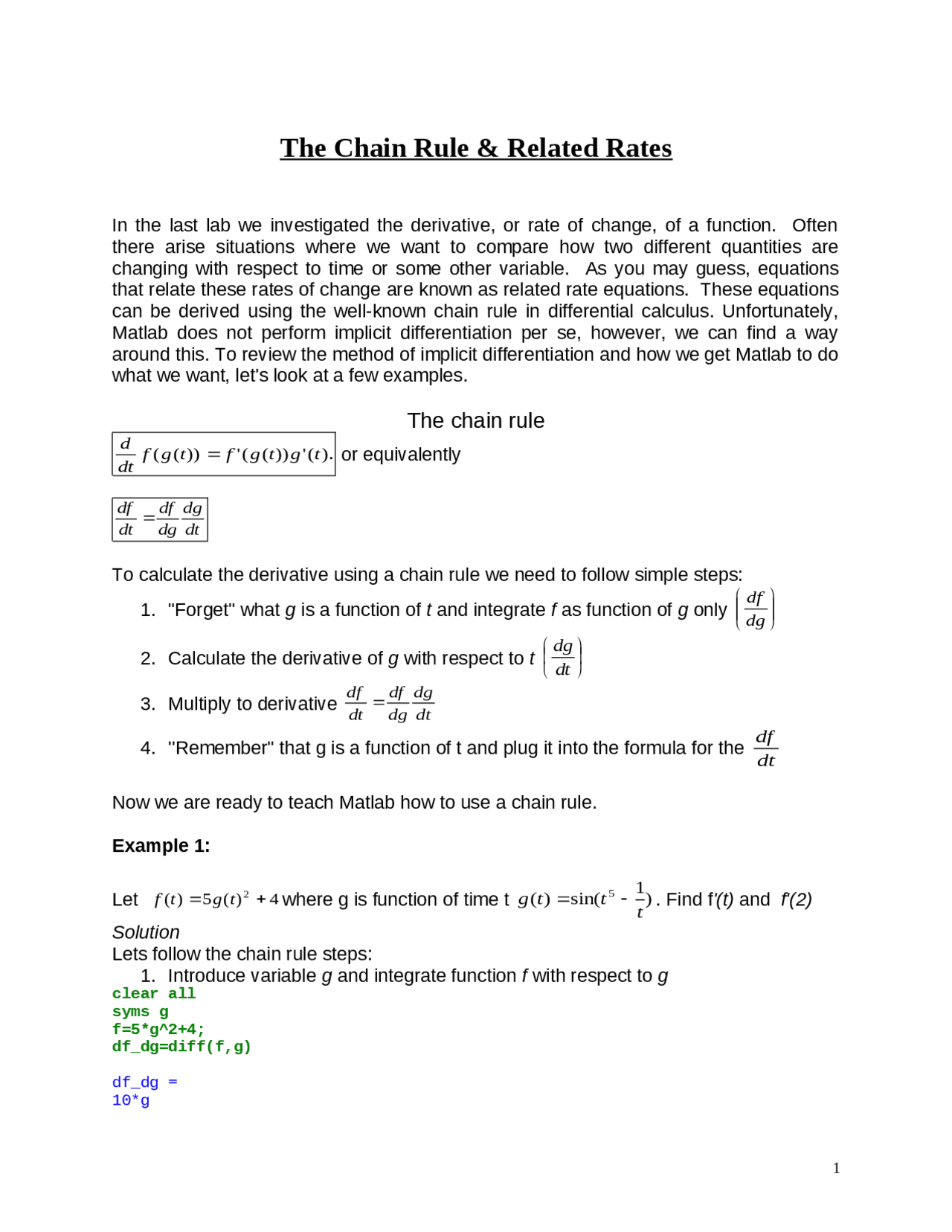 The Chain Rule and Related Rates - Computer and Linear Algebra - Lab ...