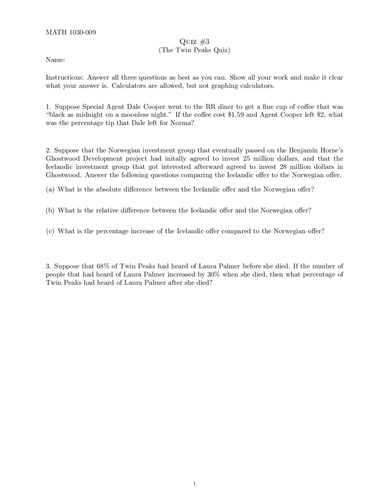 Quiz 3 For Introduction To Quantitative Reasoning Math 1030 Docsity