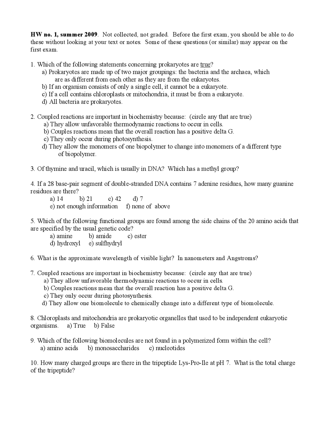 Homework 1 Fundamentals Of Biochemistry Summer 2009 Ch 369 Docsity