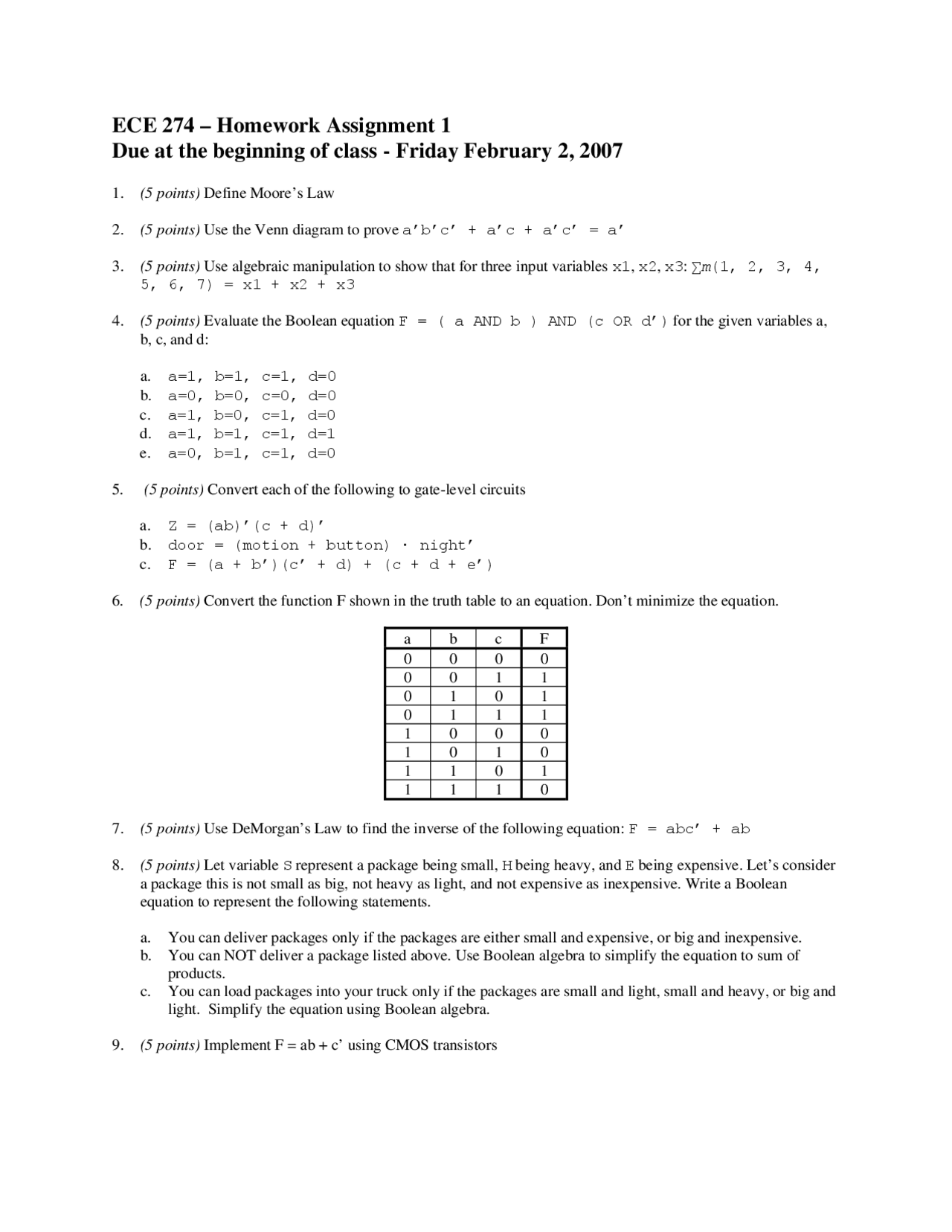 Assignment I Questions Digital Logic Ece 274 Docsity