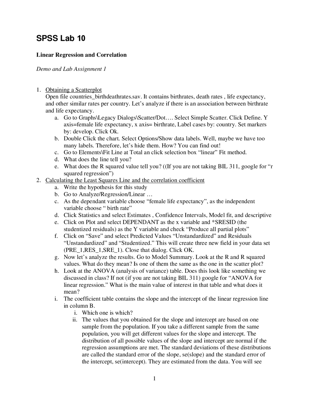 Linear Regression And Correlation Laboratory 10 Bil 311 Docsity 9157
