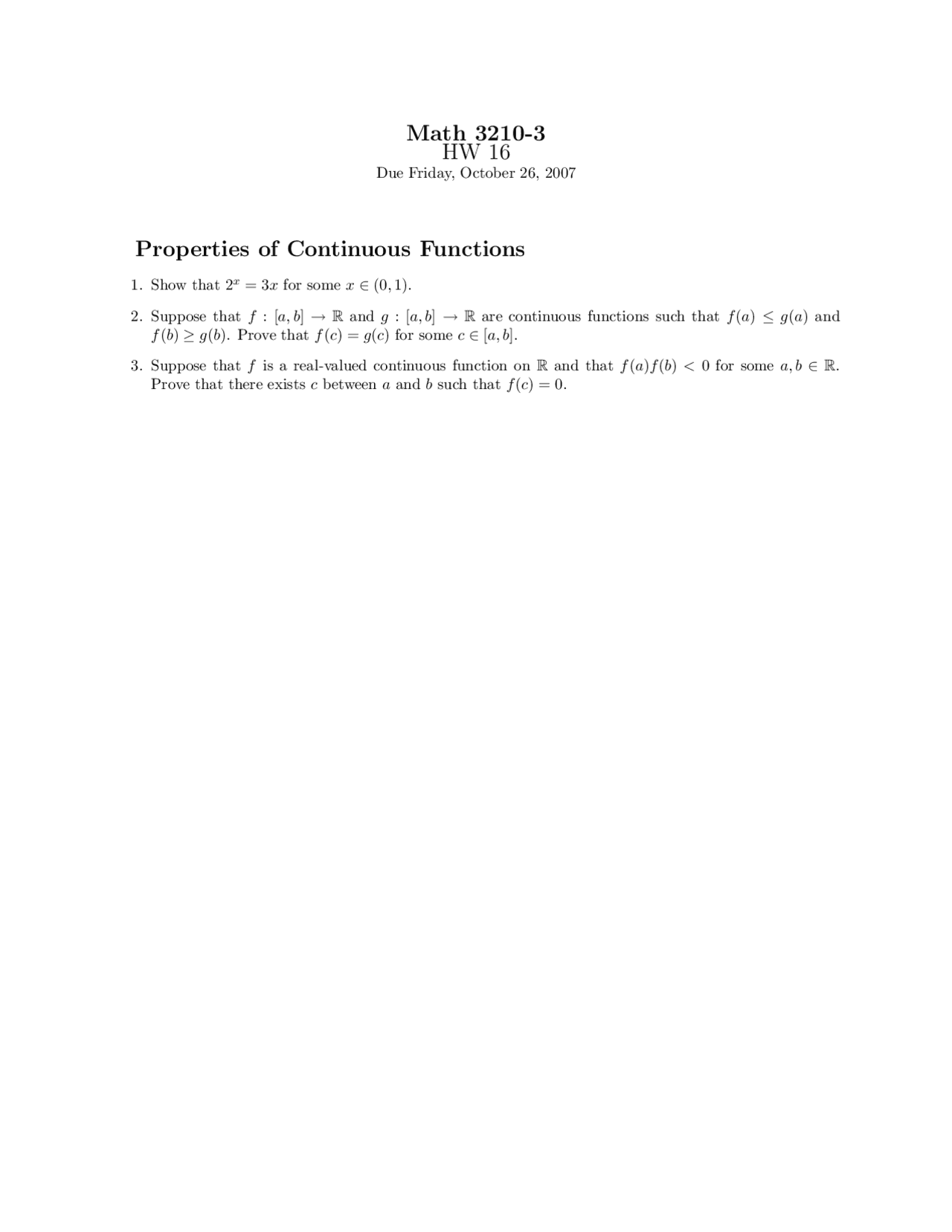 Properties Of Continuous Functions Homework 16 Math 3210 Docsity
