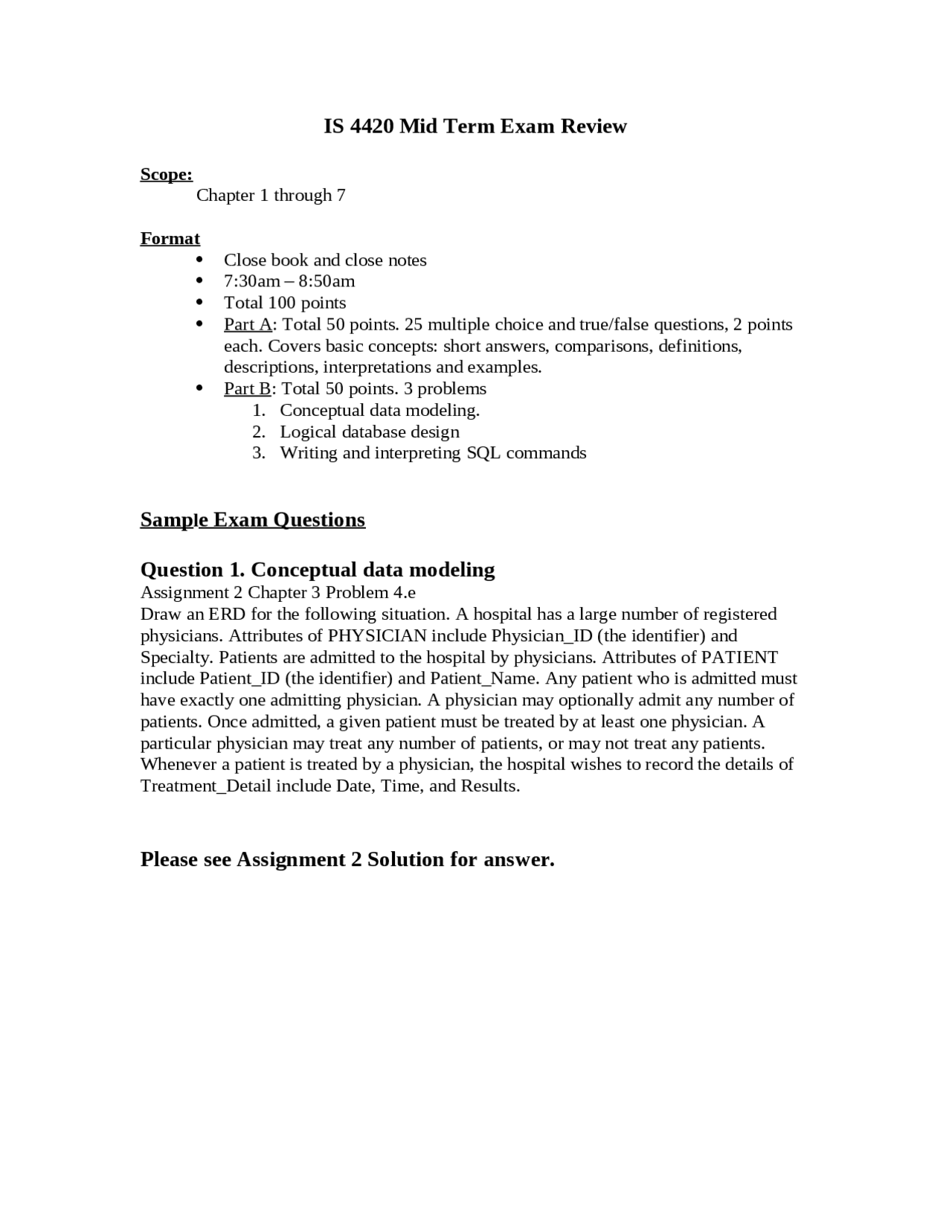 Sample Exam Review Questions - Database Fundamentals | IS 4420 - Docsity
