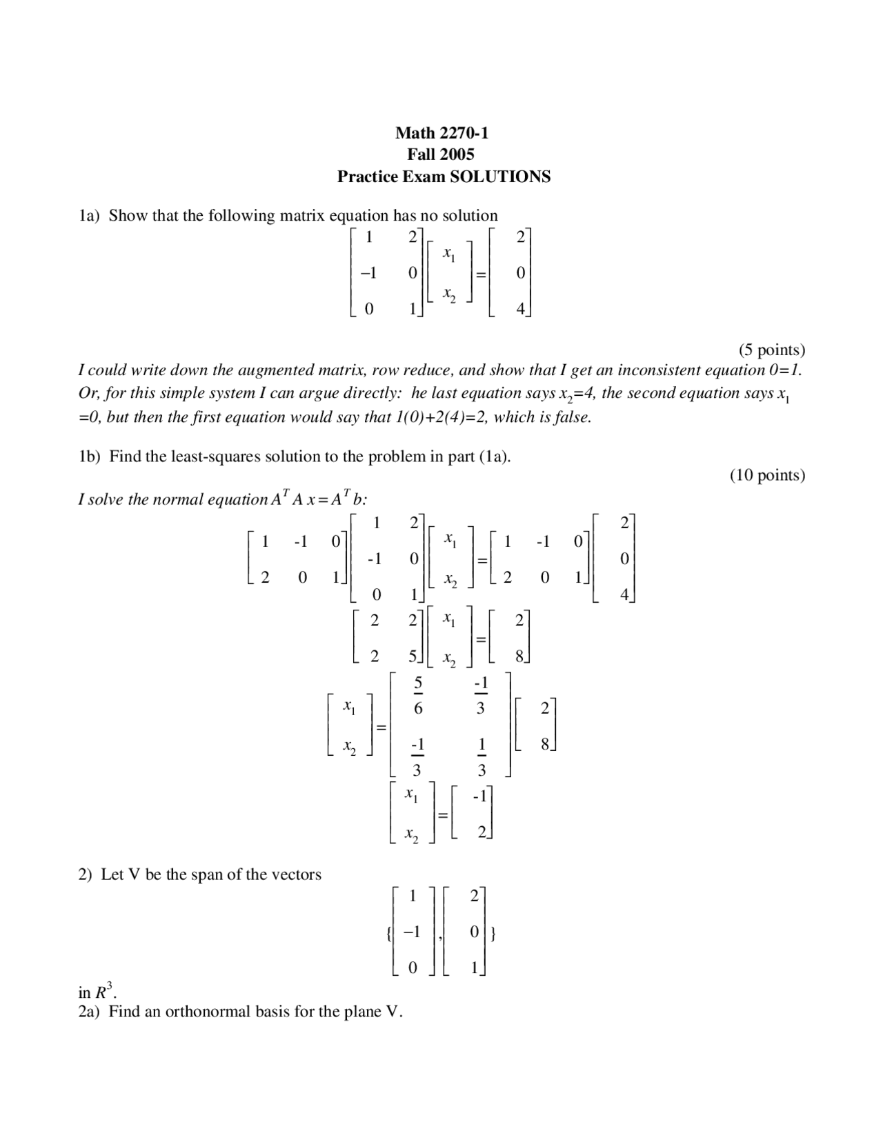 Practice Exam With Resolution Linear Algebra Math 2270 Docsity