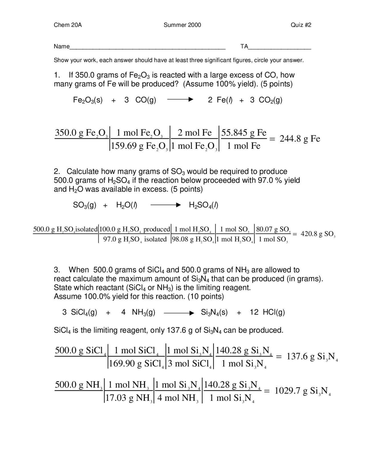 Assume Yield Percentage - Quiz 2 Solved | Chemical Structure | CHEM 20A ...
