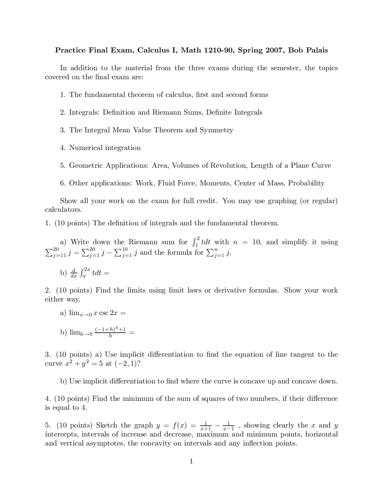Calculus I Practice Final Exam Math 1210 Docsity