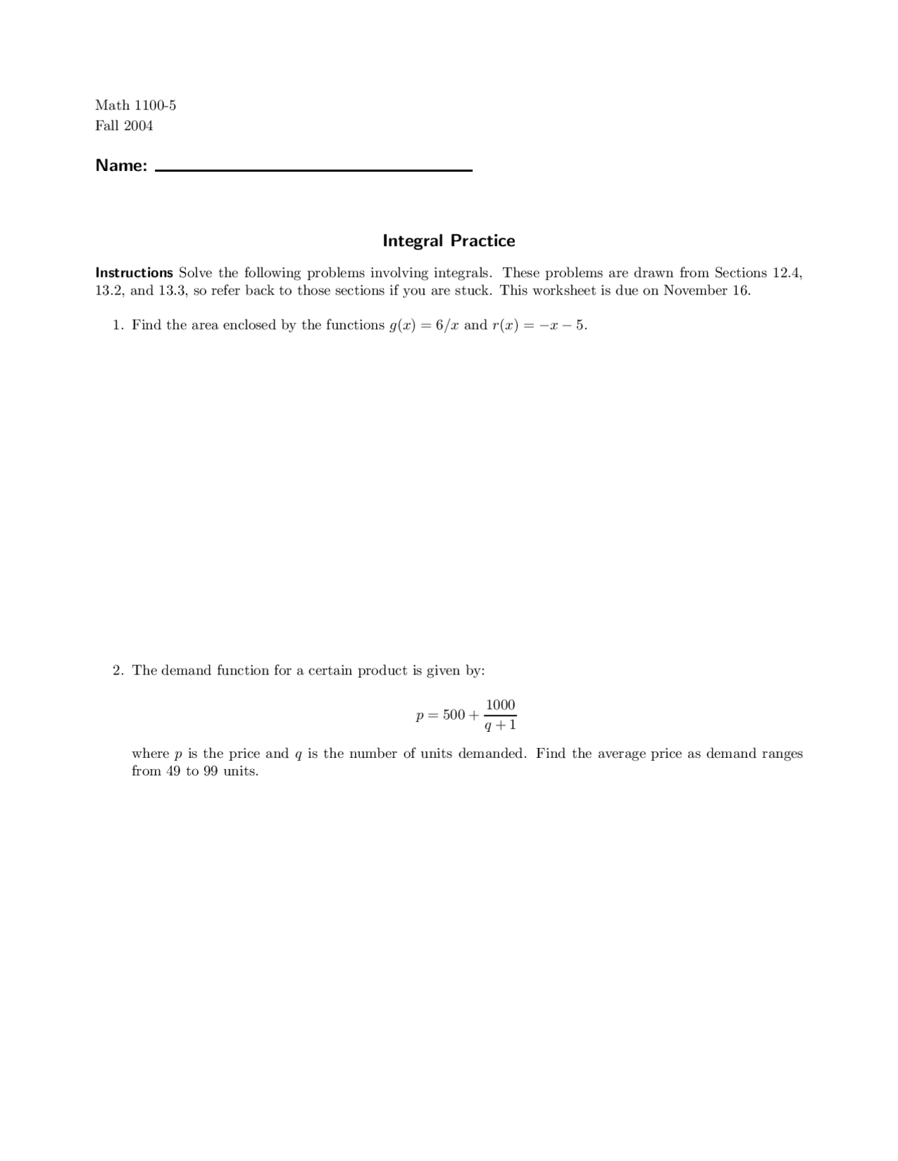Integral Practice Problems on Quantitative Analysis | MATH 1100 - Docsity