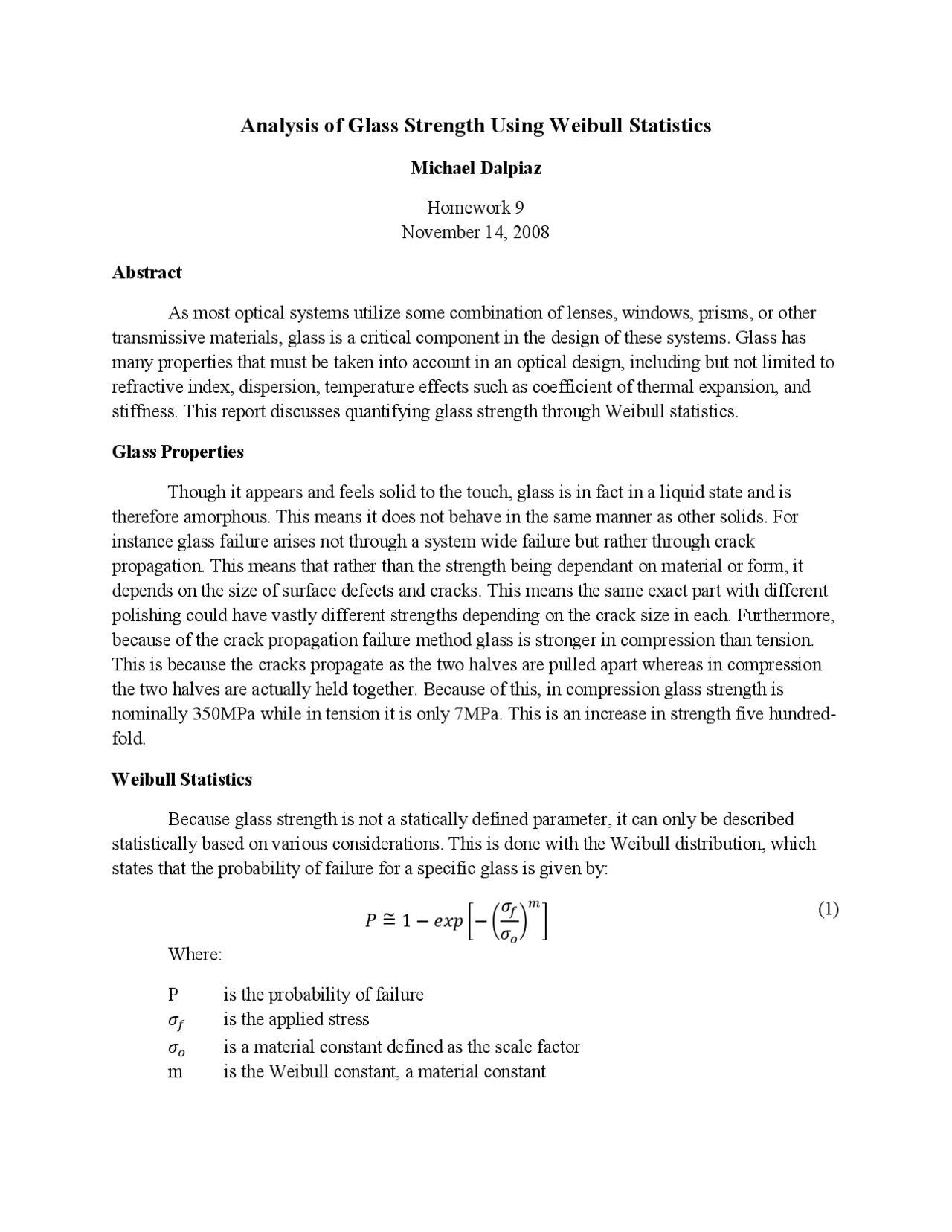 Analysis of Glass Strength Using Weibull Statistics | OPTI 421 - Docsity