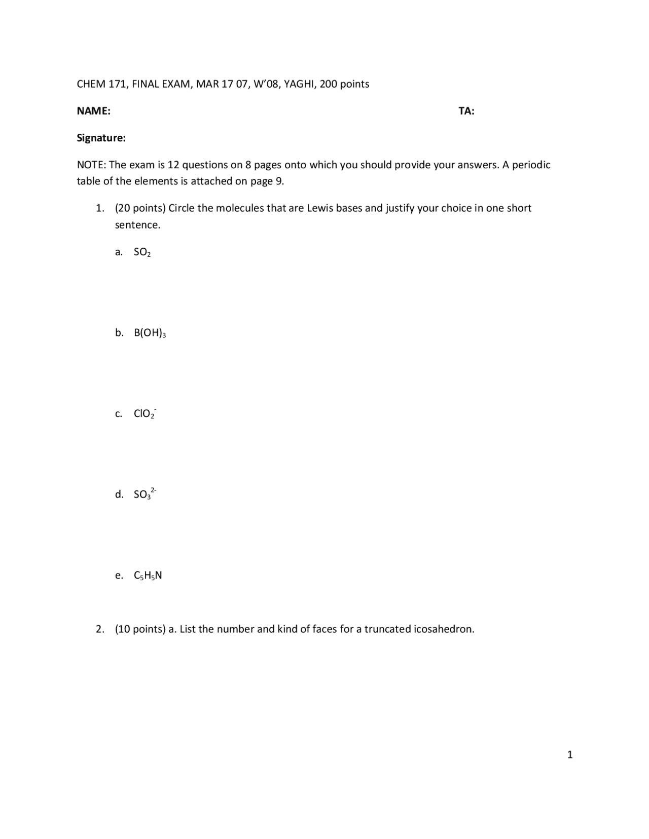 Questions on Intermediate Inorganic Chemistry - Final Exam | CHEM 171 ...