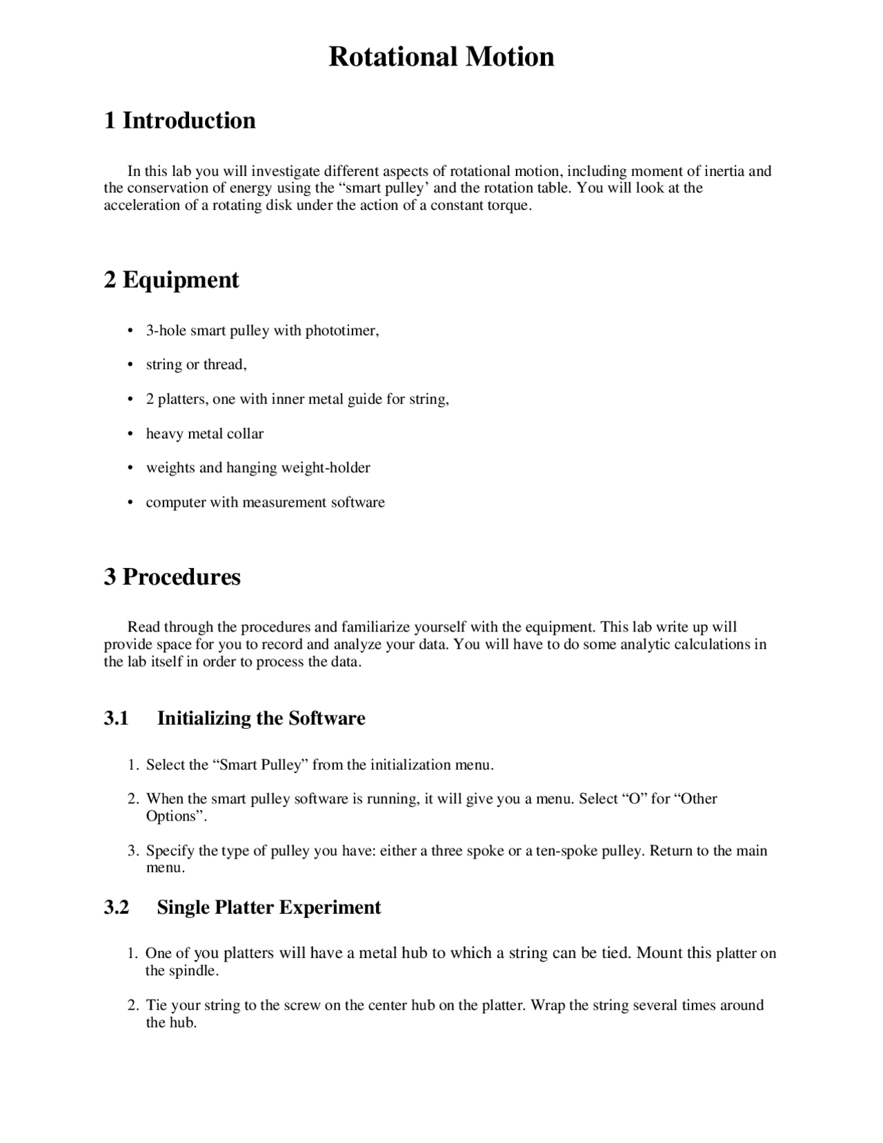Rotational Motions Laboratory Introductory Physics I For Majors