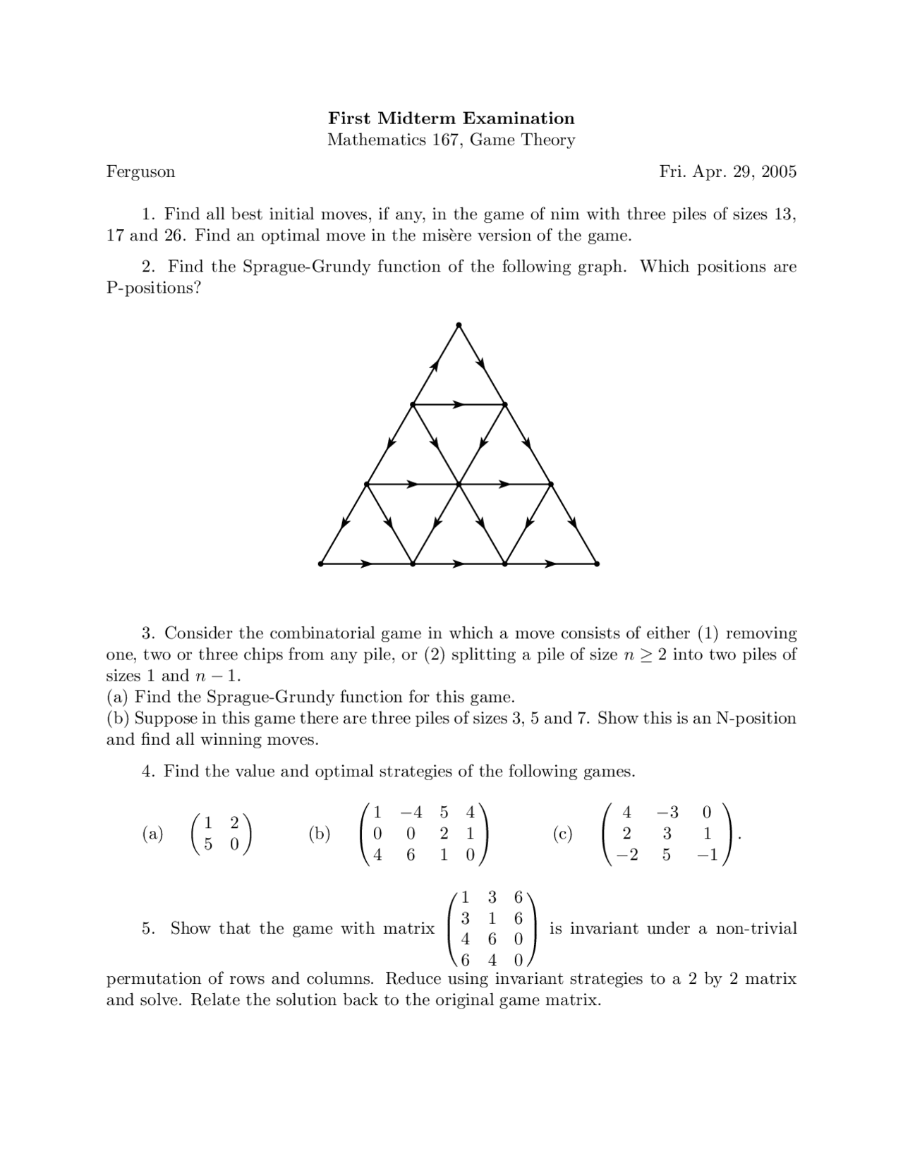 Midterm Exam 1 Mathematical Game Theory Math 0167 Docsity