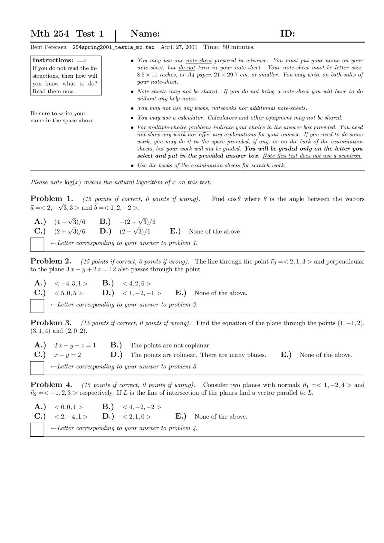 10 Problems on Vector Calculus I - Exam 1 | MTH 254 - Docsity