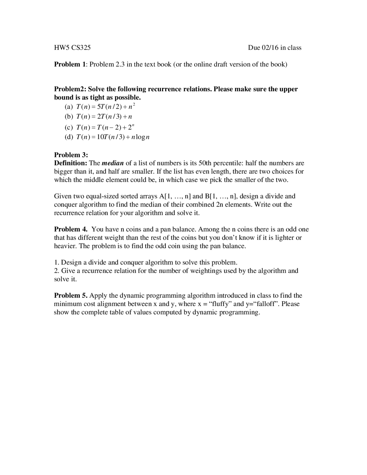 5 Problems on Analysis of Algorithms - Assignment 5 | CS 325 - Docsity