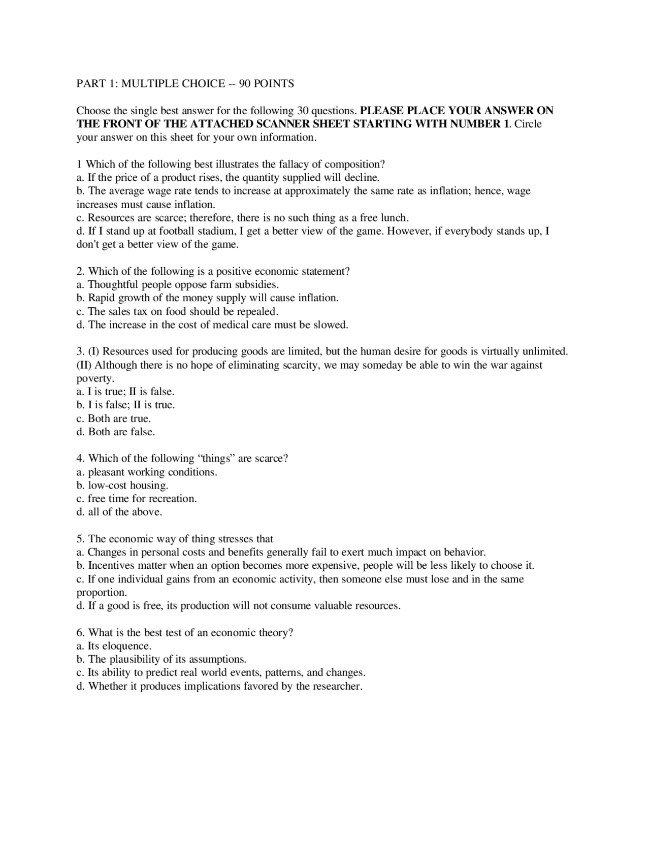 Multiple Choice Questions Exam - Principles of Microeconomics | ECO ...