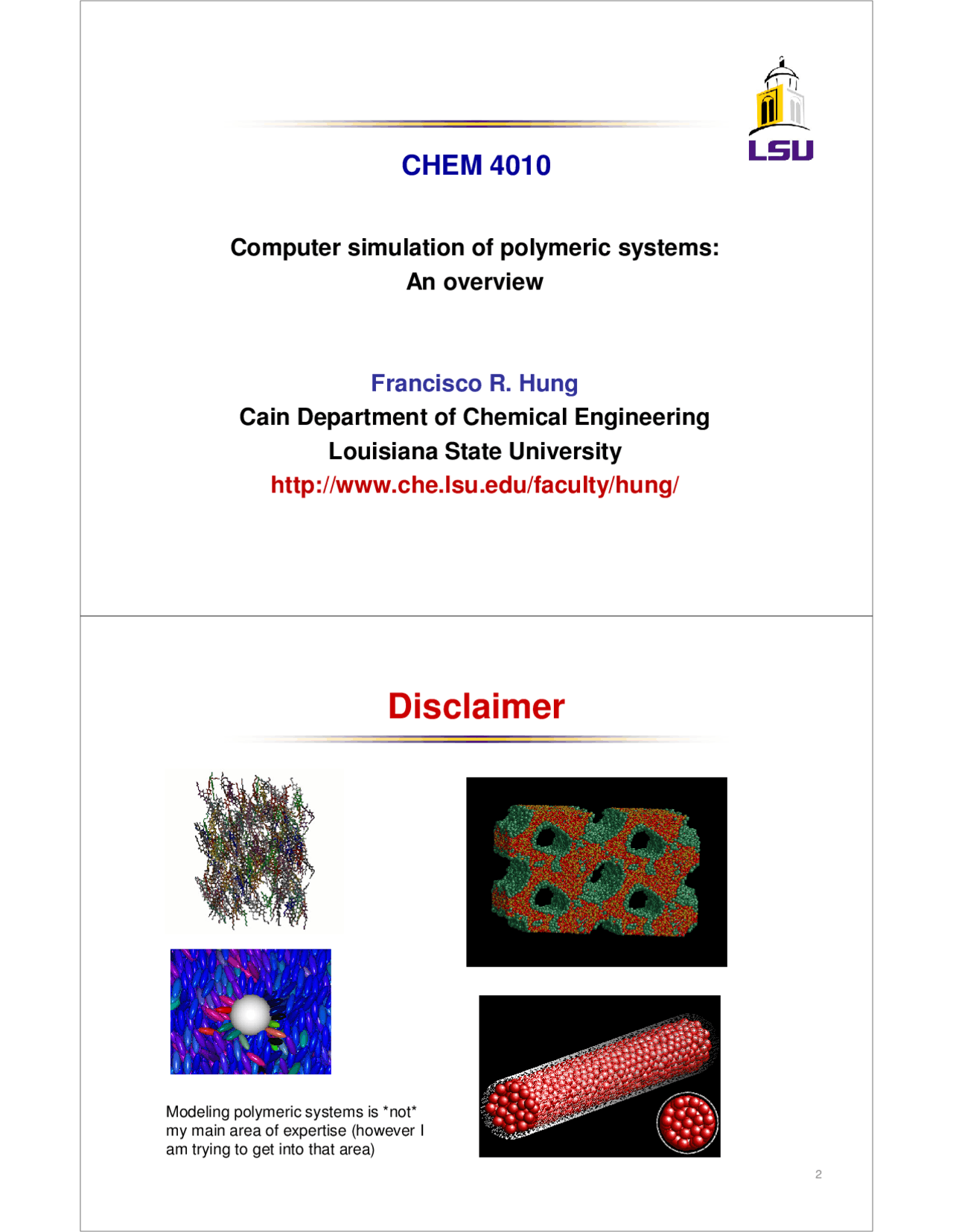 Computer Simulation Of Polymeric Systems Overview Chem 4010 Docsity