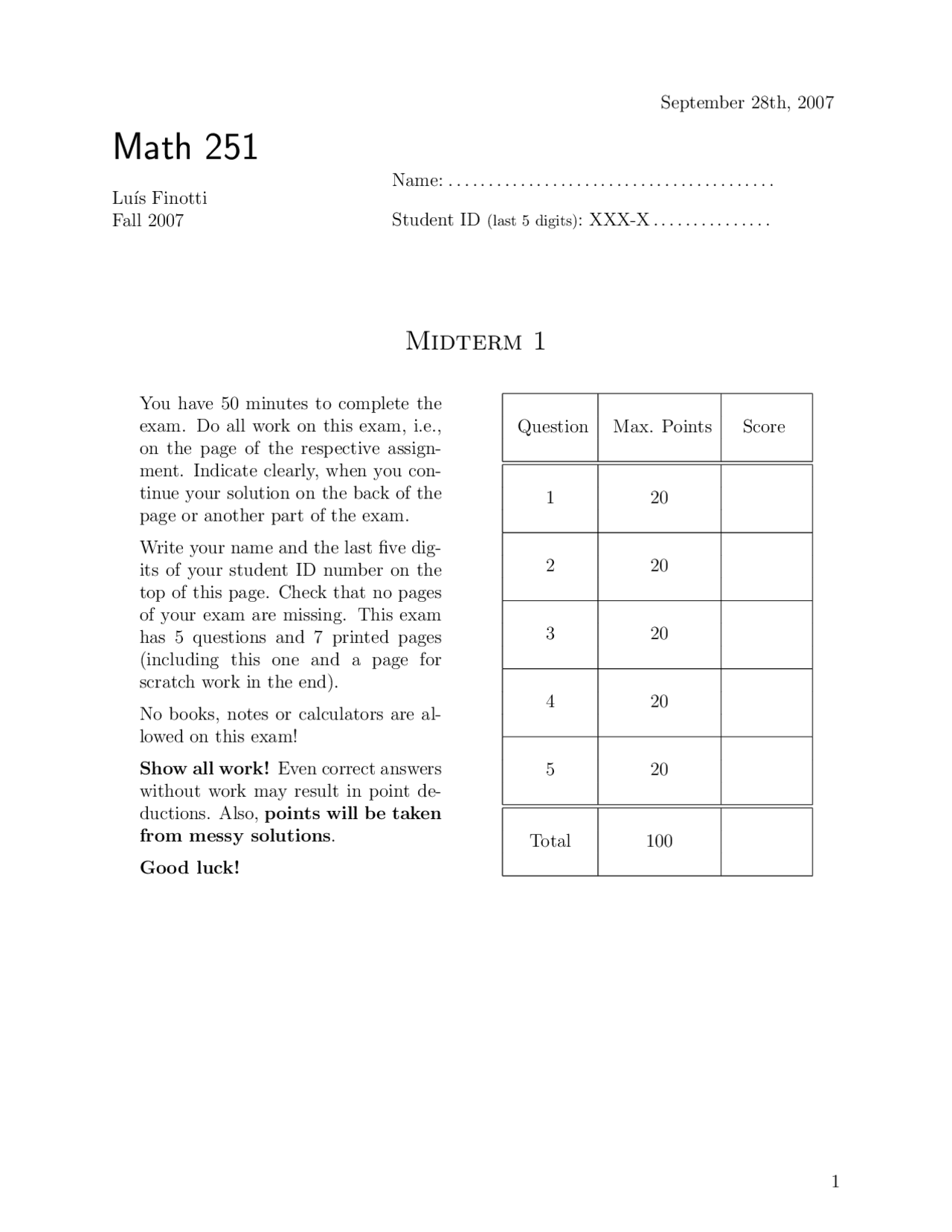 5 Questions Exam 1 Matrix Algebra I Math 251 Docsity