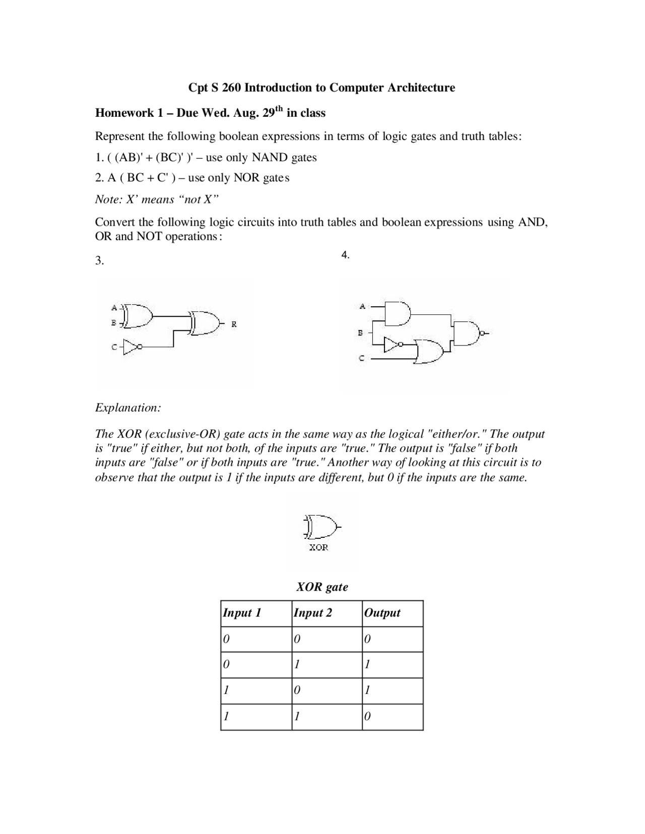 Homework I Questions Introduction To Computer Architecture Cpt S 260 Docsity