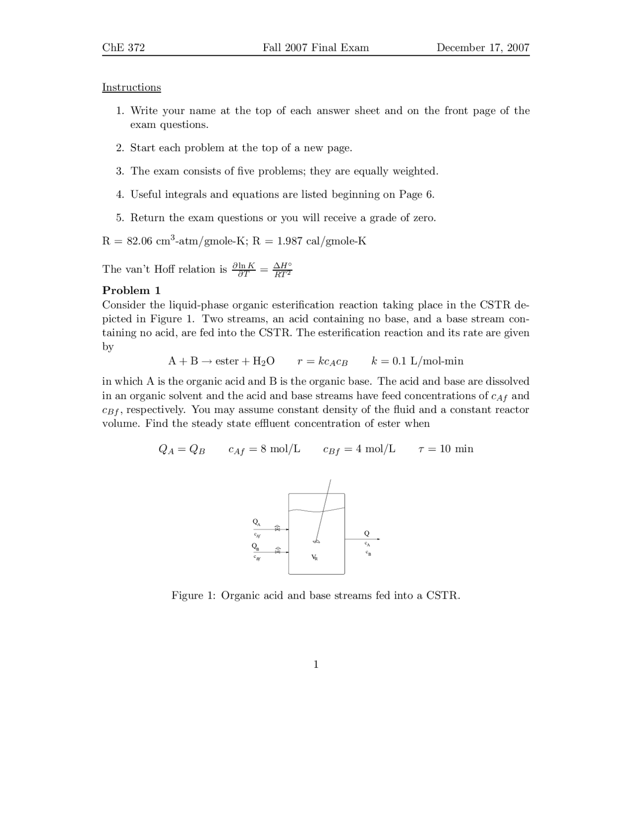 Final Exam Chemical Reactor Analysis And Design 2007 Che 372 Docsity