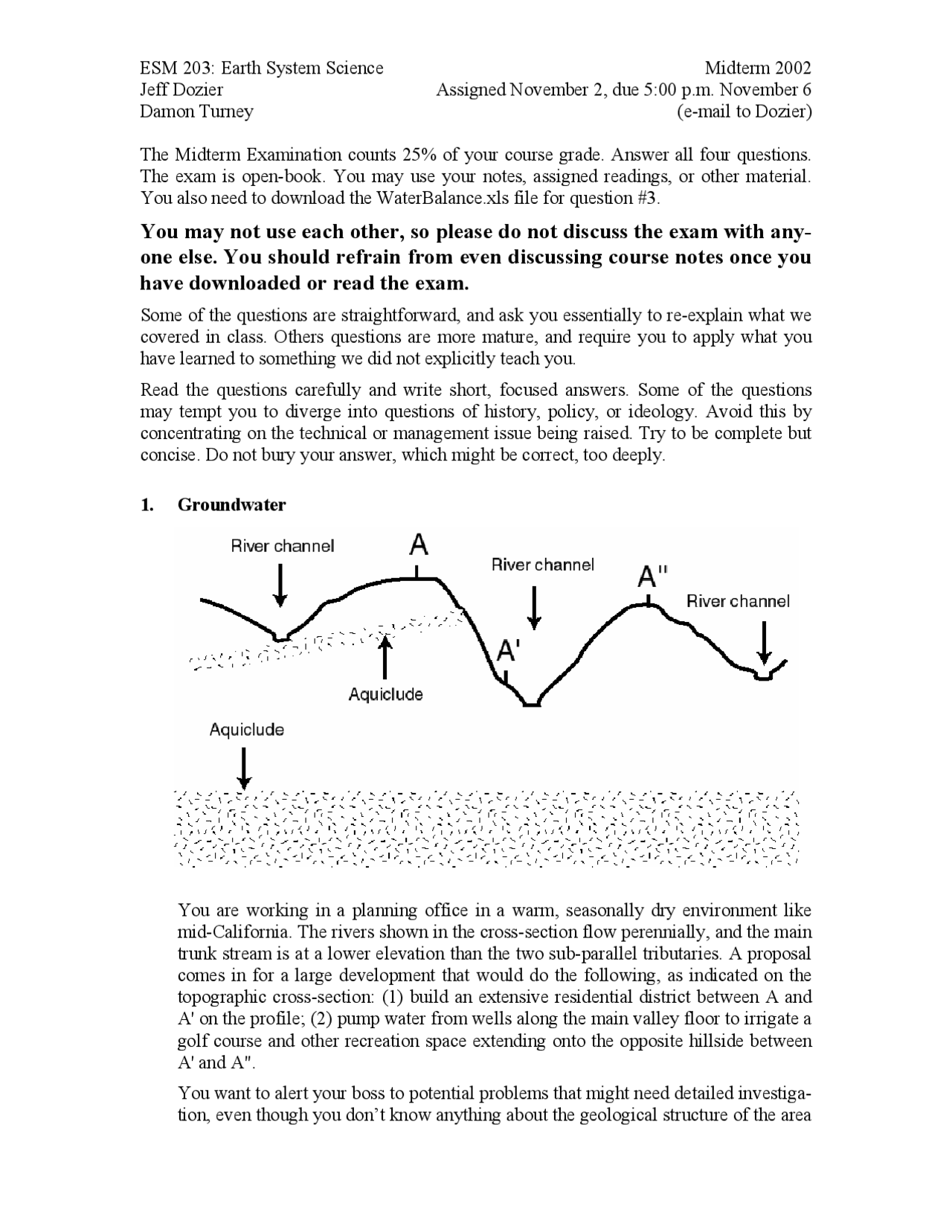 Midterm Examination On Earth Systems Science Fall 2002 Esm 203