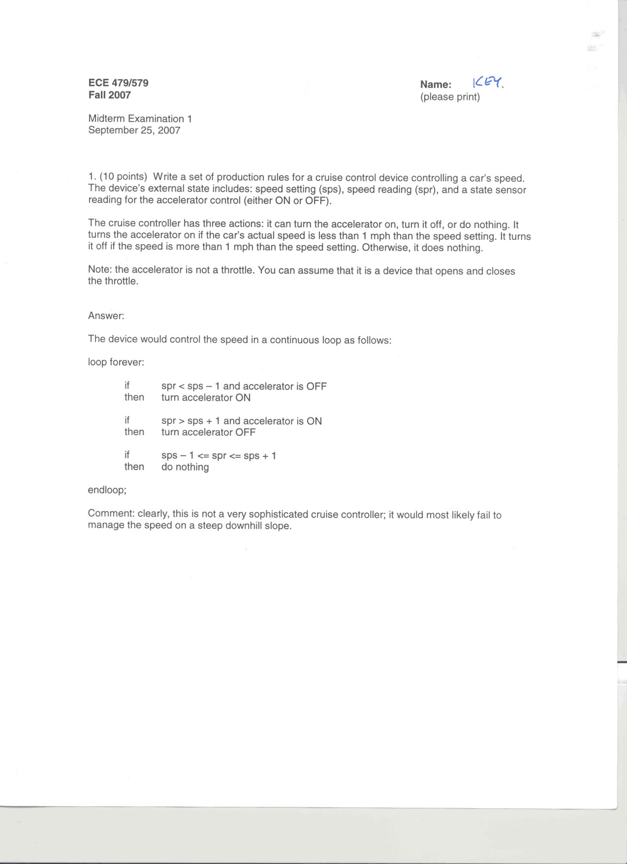 Midterm Exam With Key Principles Of Artificial Intelligence Ece 479