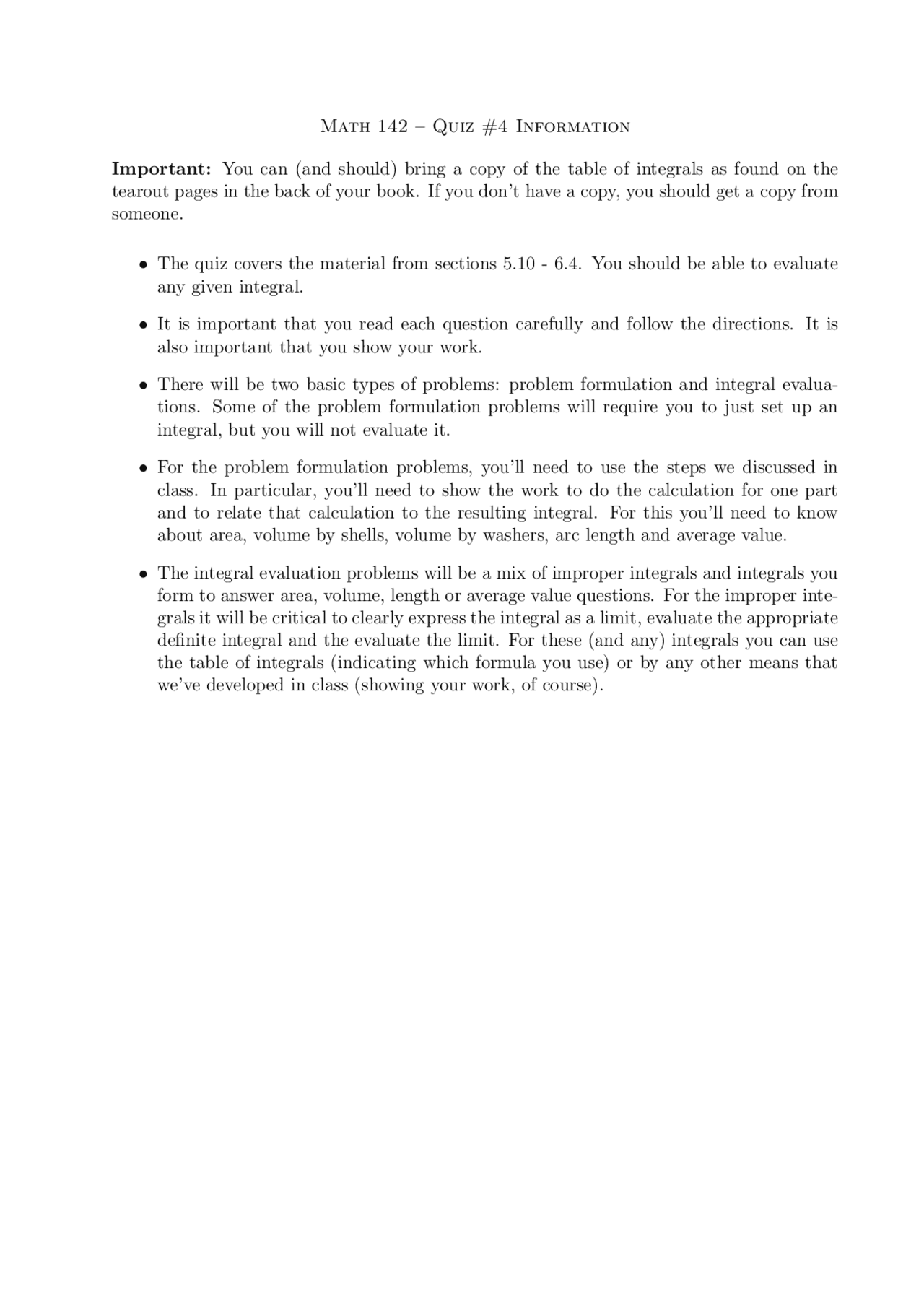 Quiz 4 with Information - Calculus II | MATH 142 - Docsity