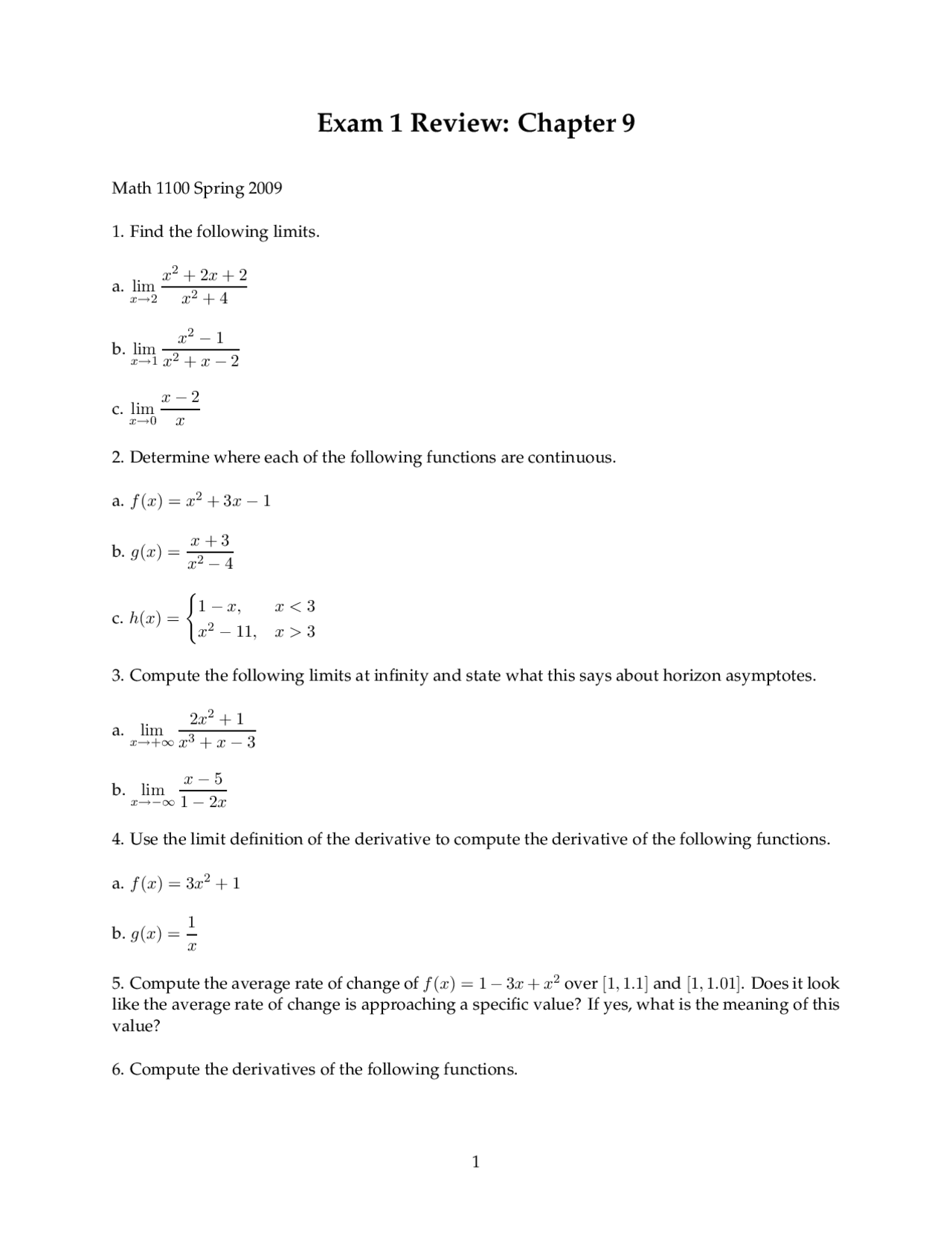 Exam 1 Review Questions Quantum Analysis Math 1100 Docsity