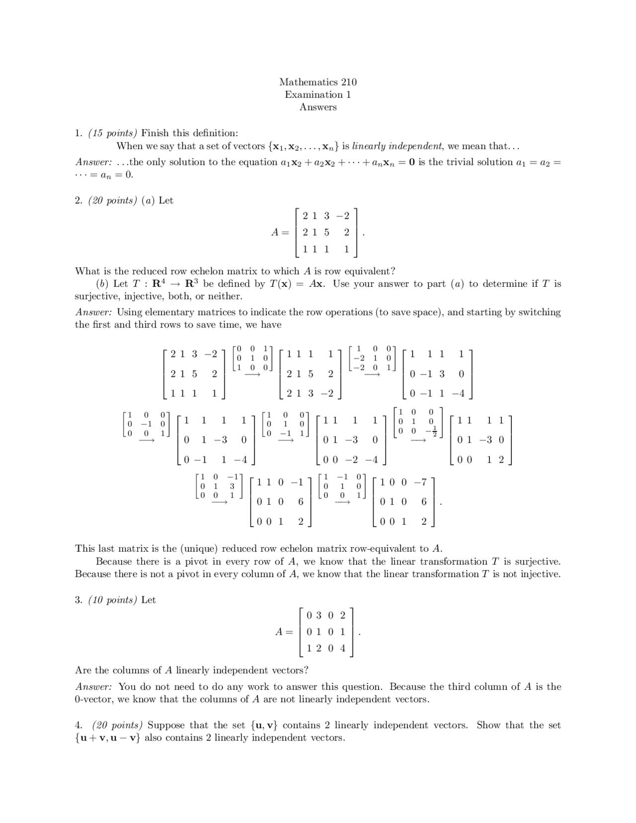 6 Solved Problems On A Set Of Vectors Exam 1 Mt 210 Docsity