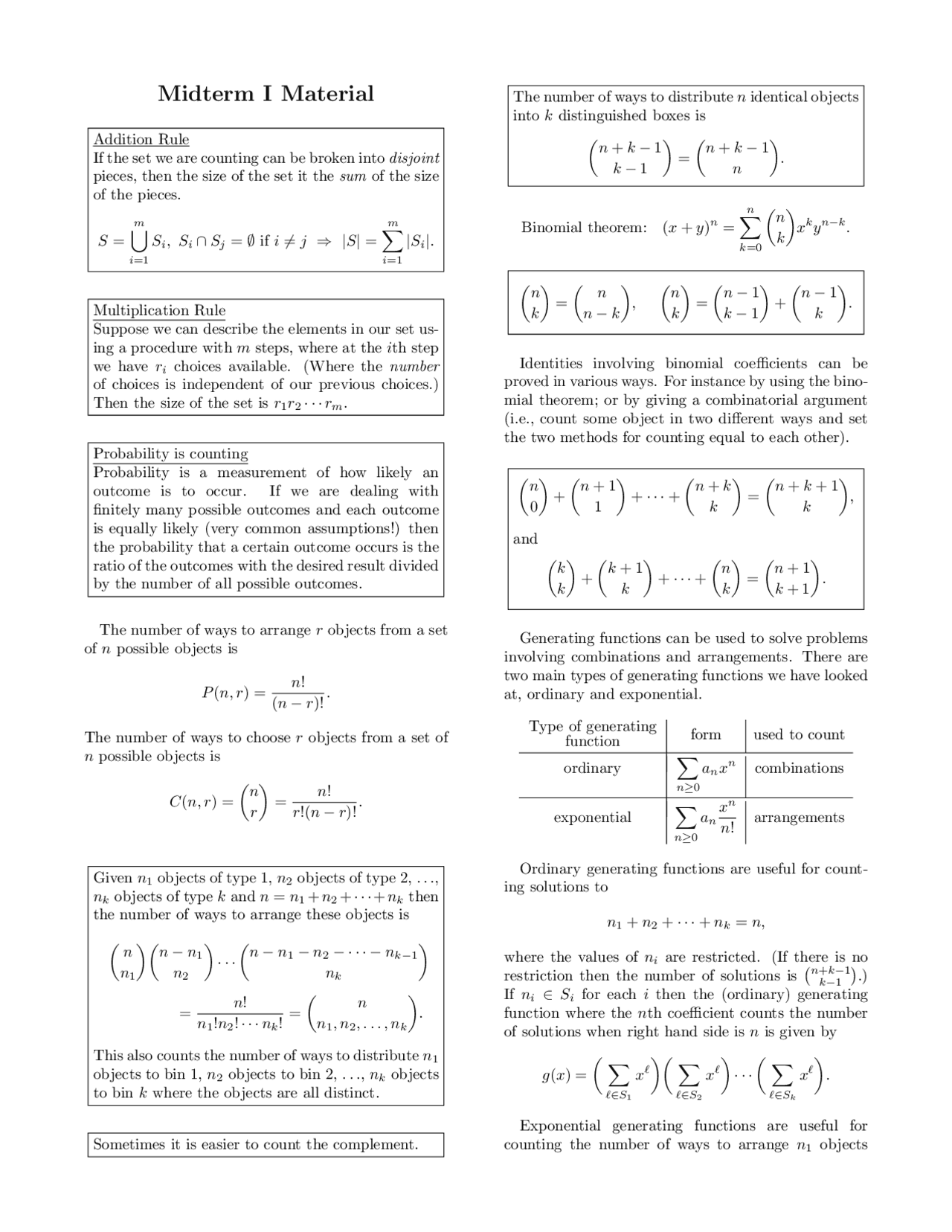 Materials On Combinatorics Midterm Exam Math 180 Docsity