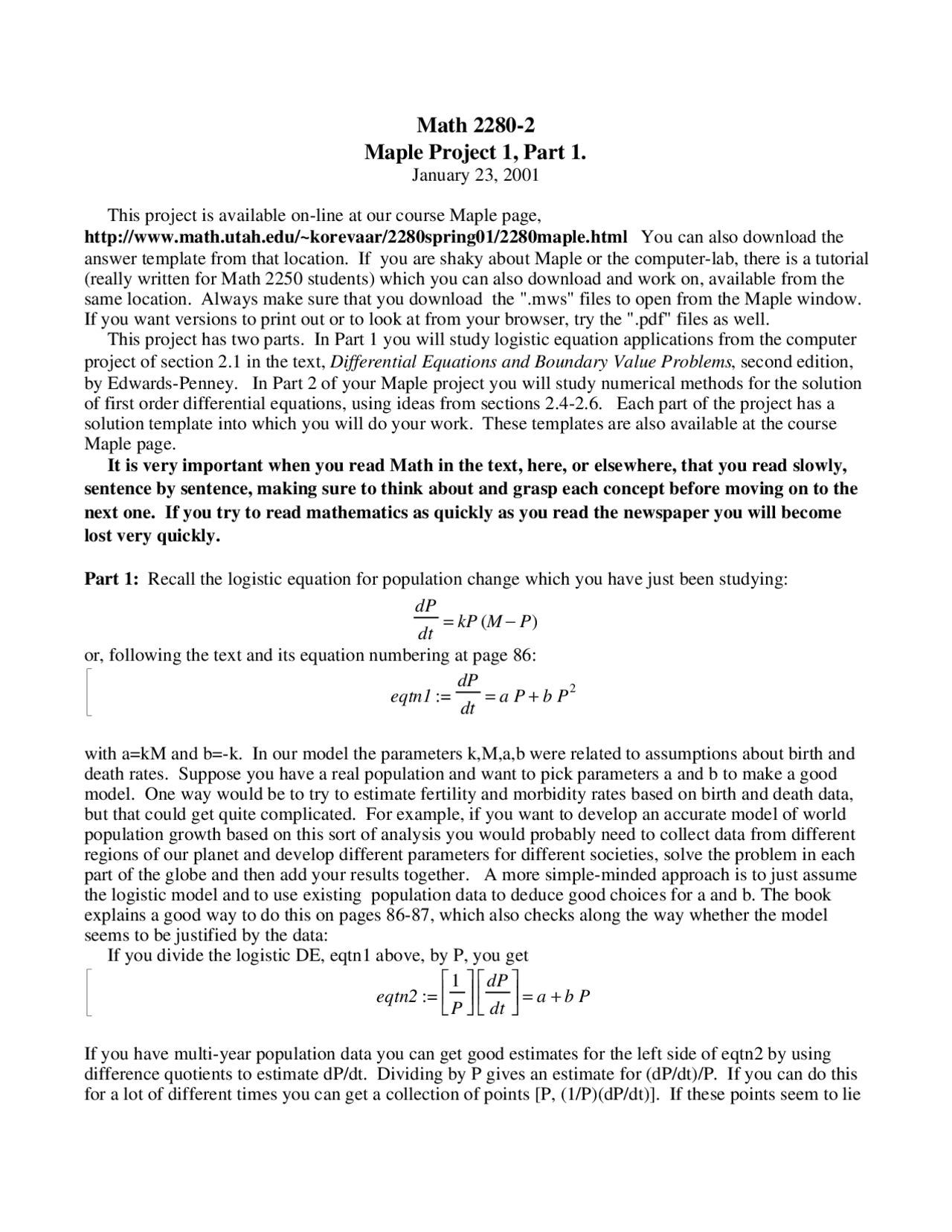 Ordinary Differential Equations Maple Project 1 Math 2280 Docsity