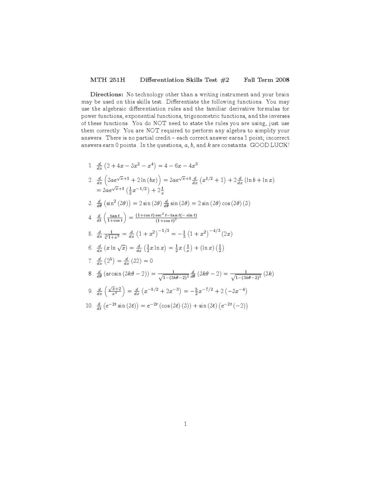 Differentiation Skills Exam 2 Differential Calculus Mth 251 Exams