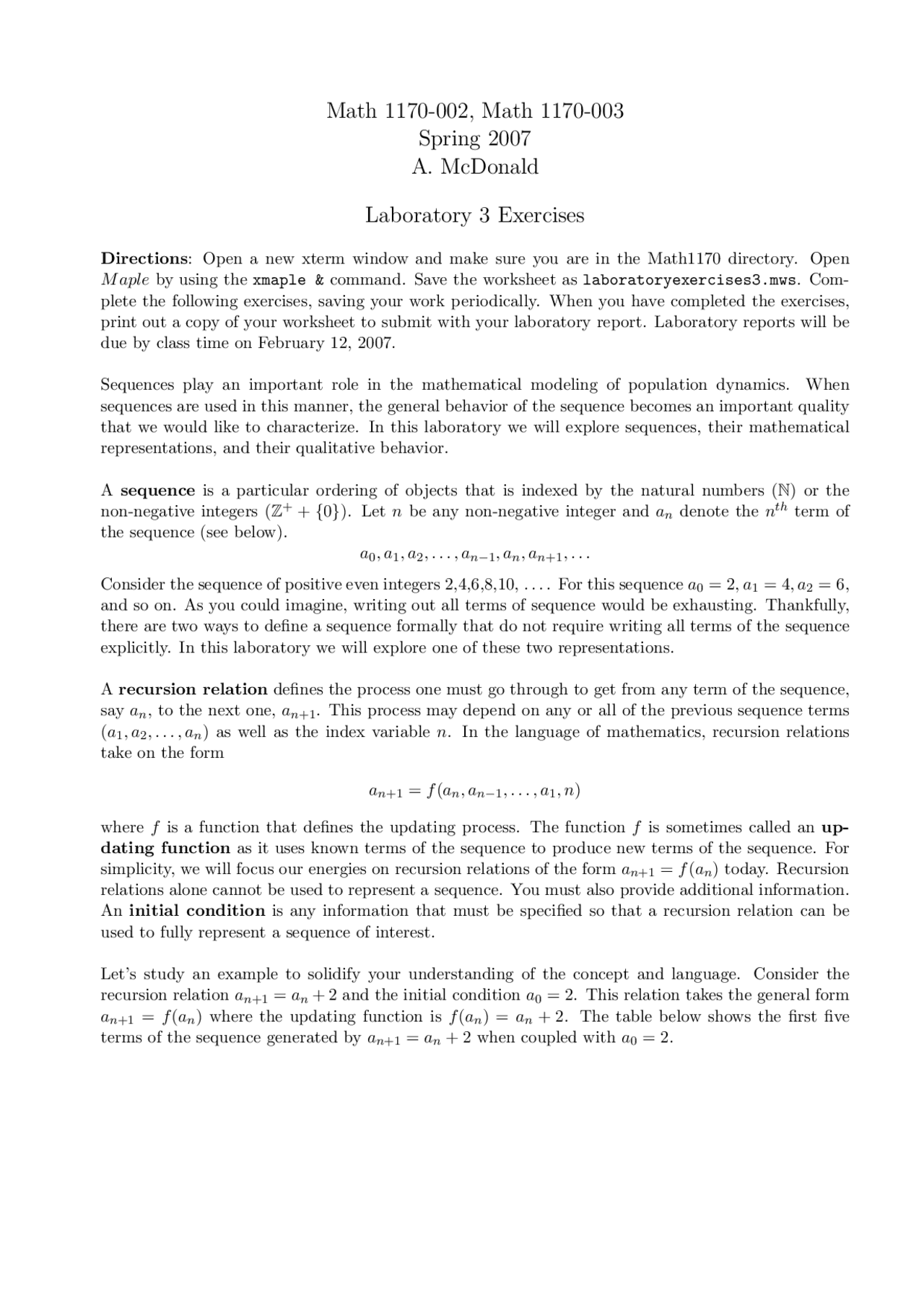 Calculus For Biologists I Laboratory 3 Exercises Math 1170 Docsity