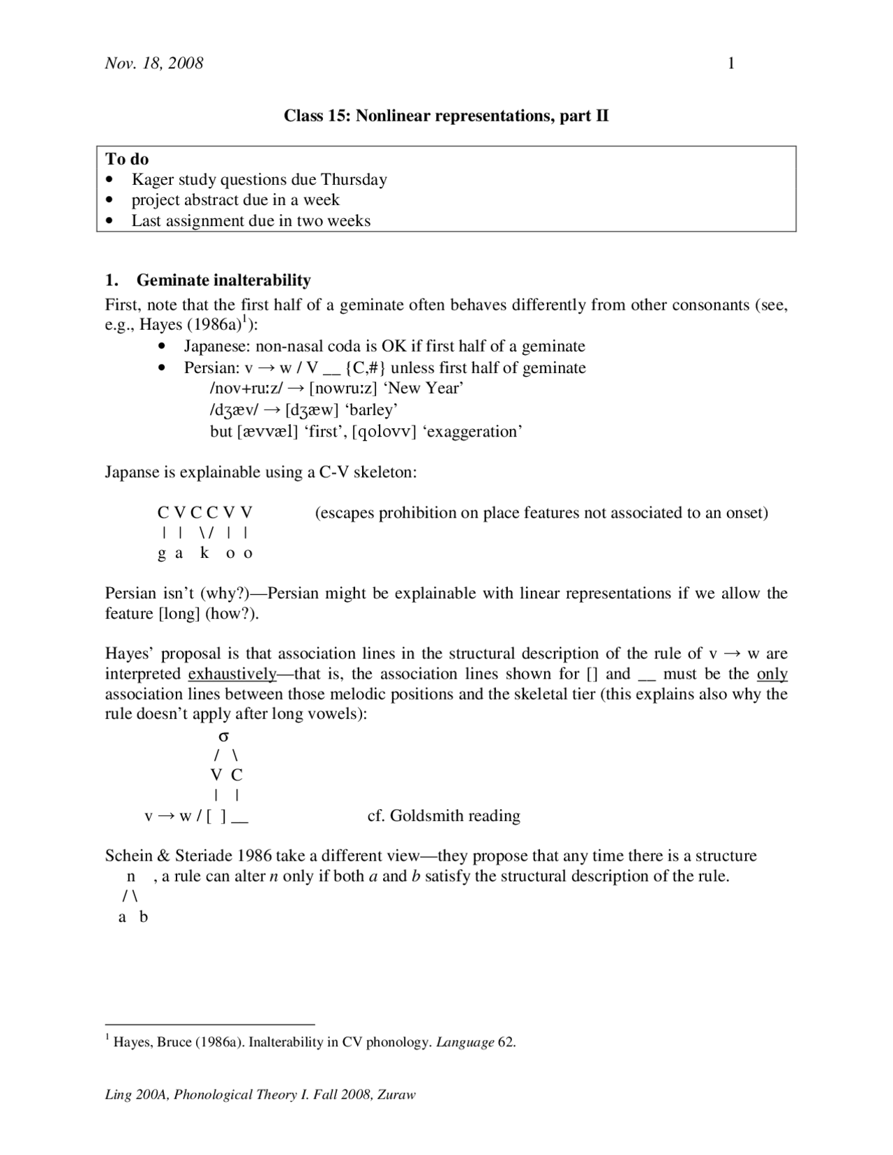 Nonlinear Representations Phonological Theory I Ling 200a Docsity