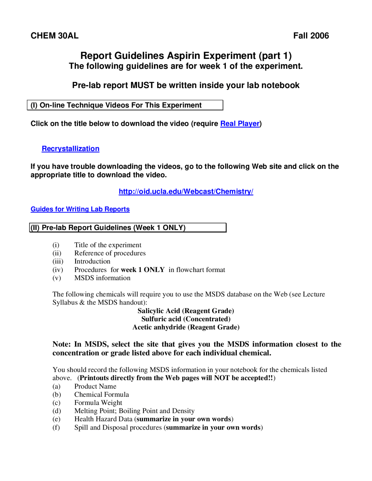 Report Guidelines Aspirin Experiment Lab Chem 30al Docsity