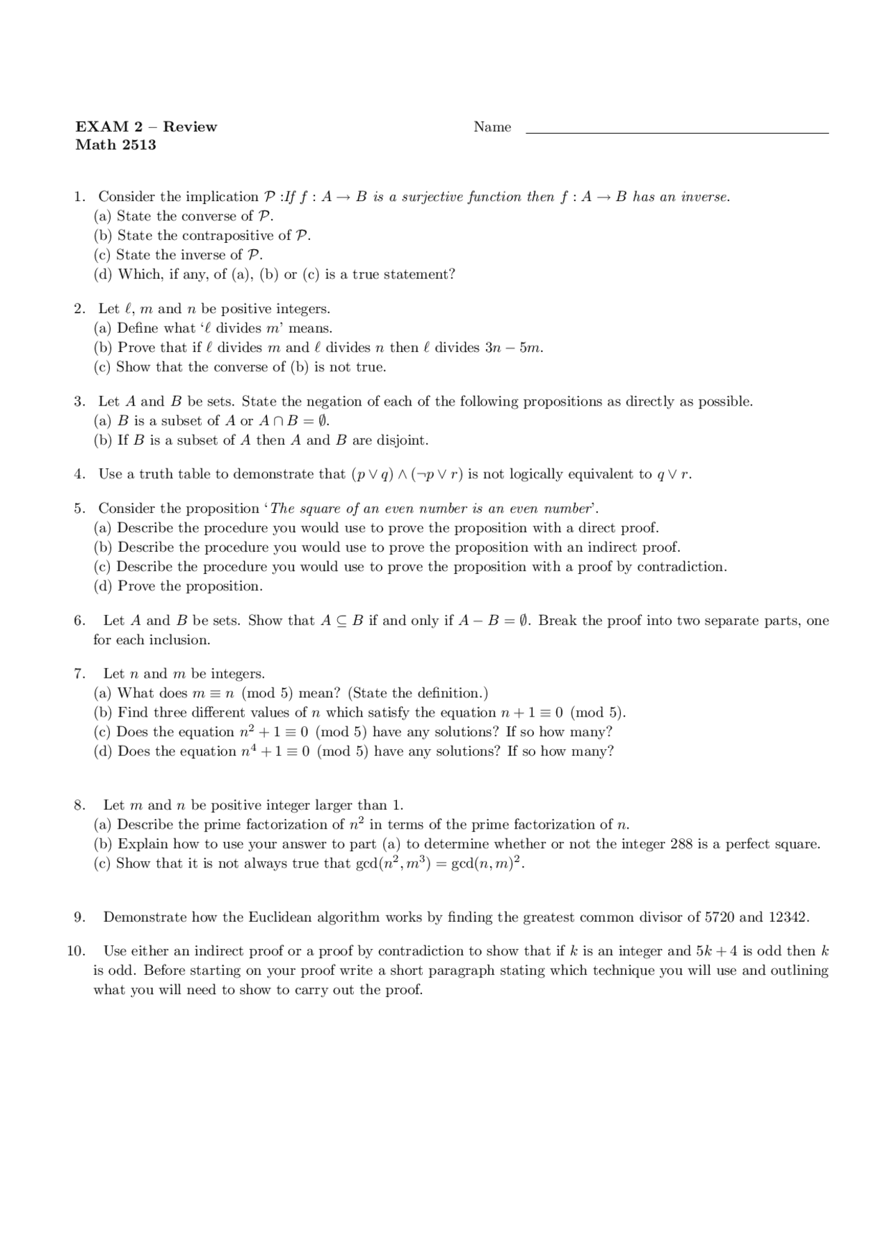 Exam 2 Review Questions - Discrete Mathematical Structures | MATH 2513 - Docsity