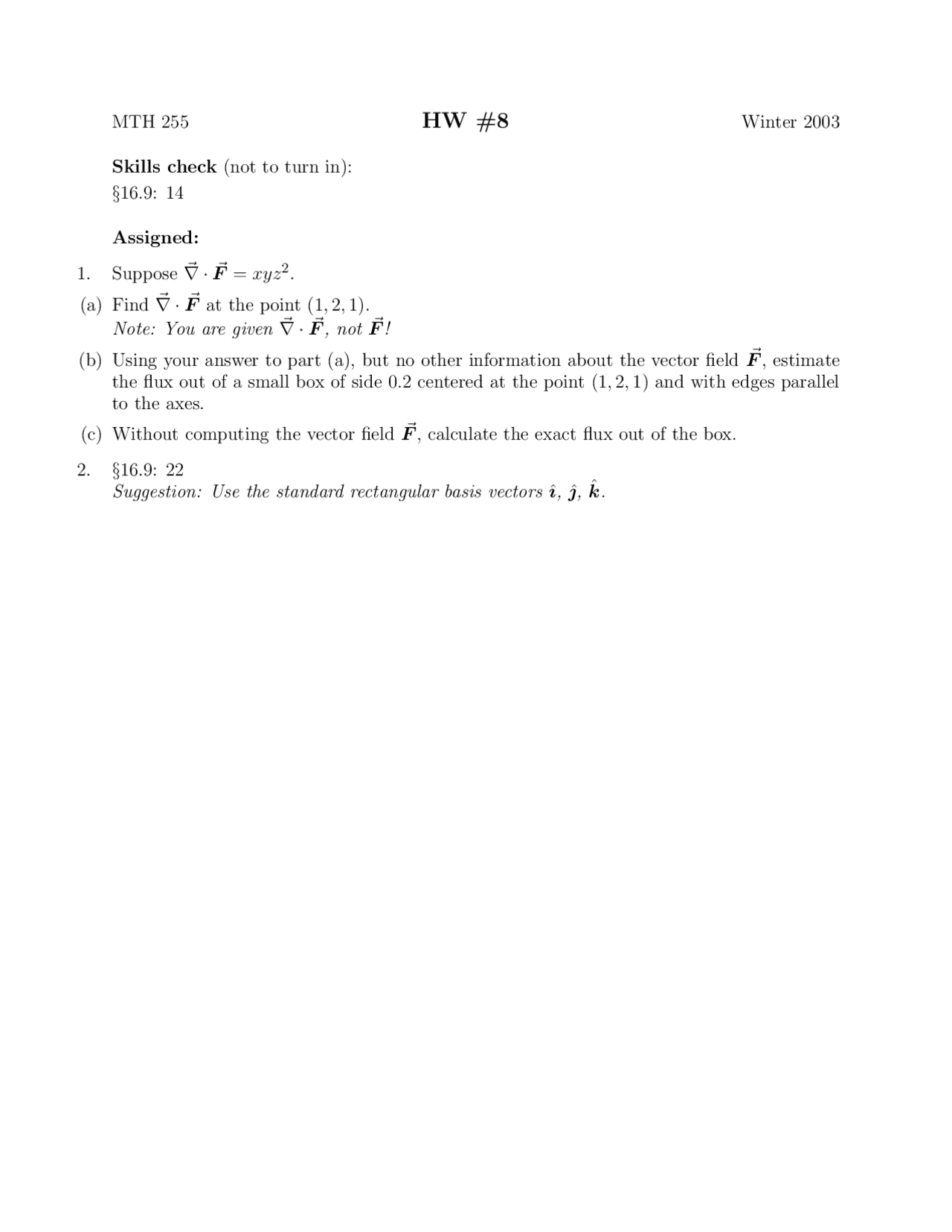 Homework 8 Questions Vector Calculus Ii Mth 255 Docsity