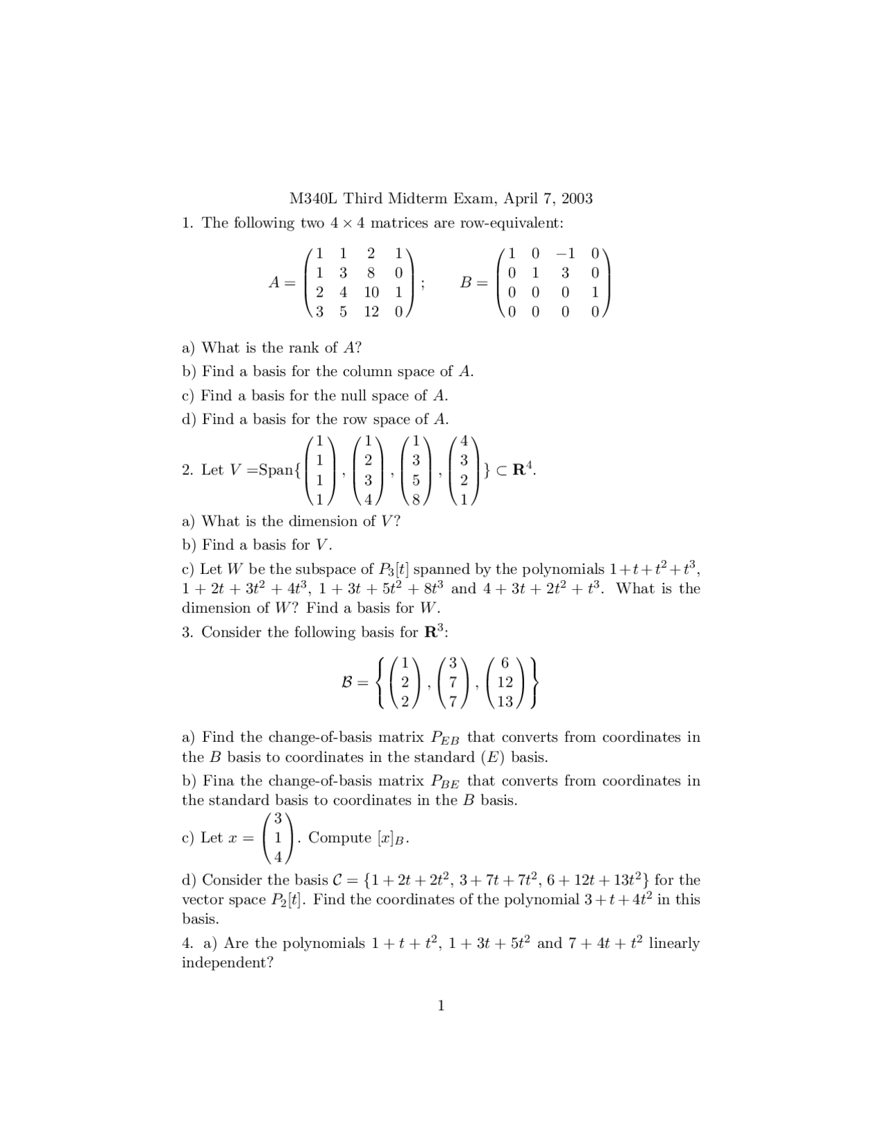 Midterm Exam 3 Matrices And Matrix Calculations M 340l Docsity