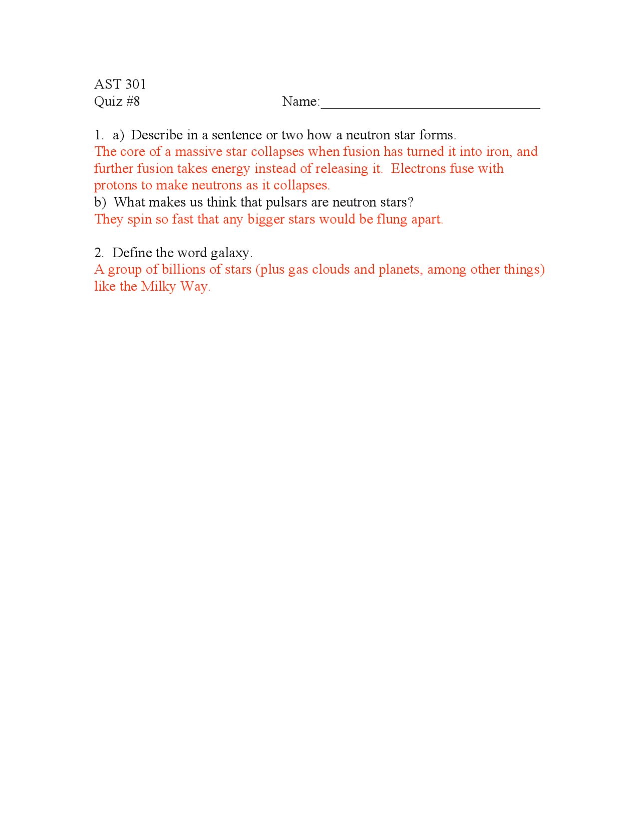 AST 301 Quiz #8: Neutron Stars and Galaxies | Quizzes Astronomy | Docsity